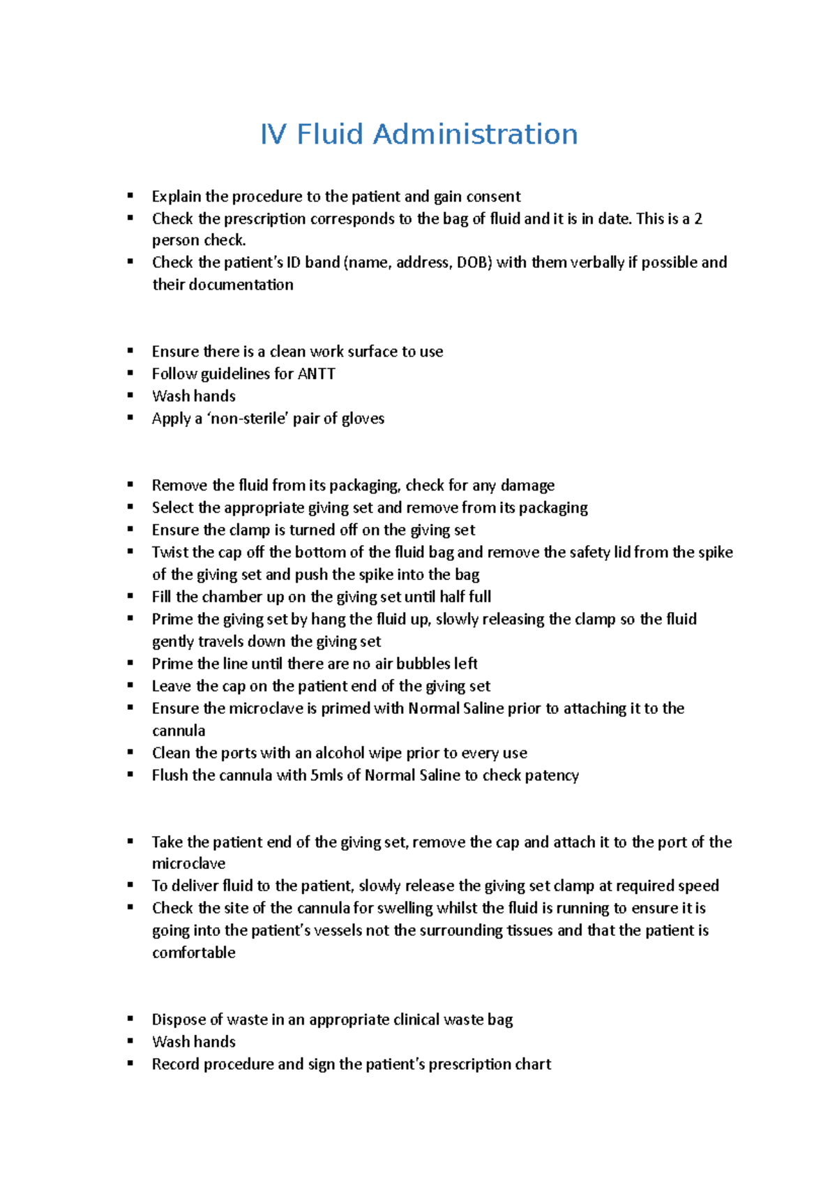 IV Fluid Administration - This is a 2 person check. Check the patient’s ...
