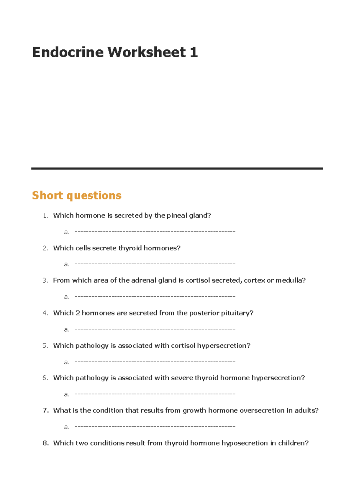 1. Endocrine Worksheet 1-2020 - Endocrine Worksheet 1 Short questions ...