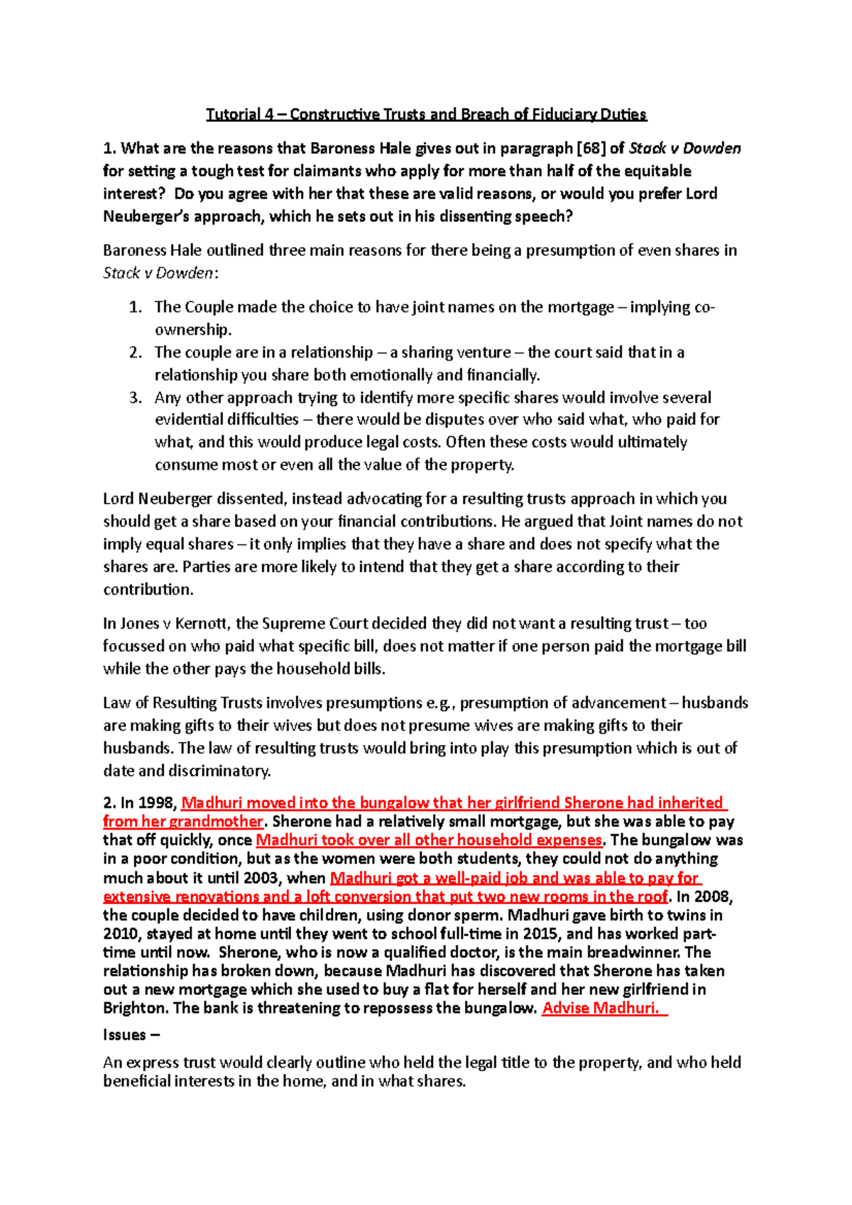 Equity and Trusts Tutorial 4 - Tutorial 4 – Constructive Trusts and ...