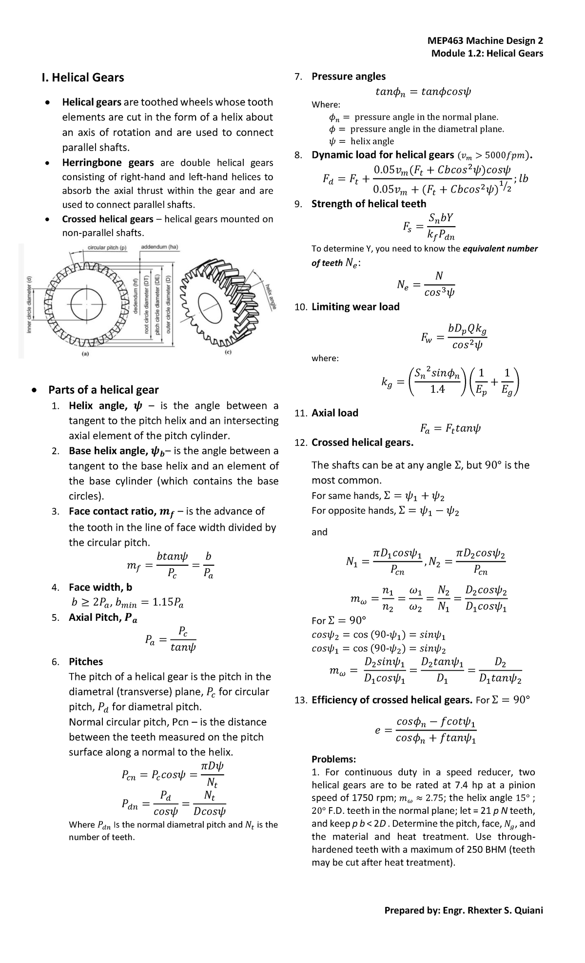 1.2 Helical Gears - MEP463 Machine Design 2 Module 1. 2 : Helical Gears ...