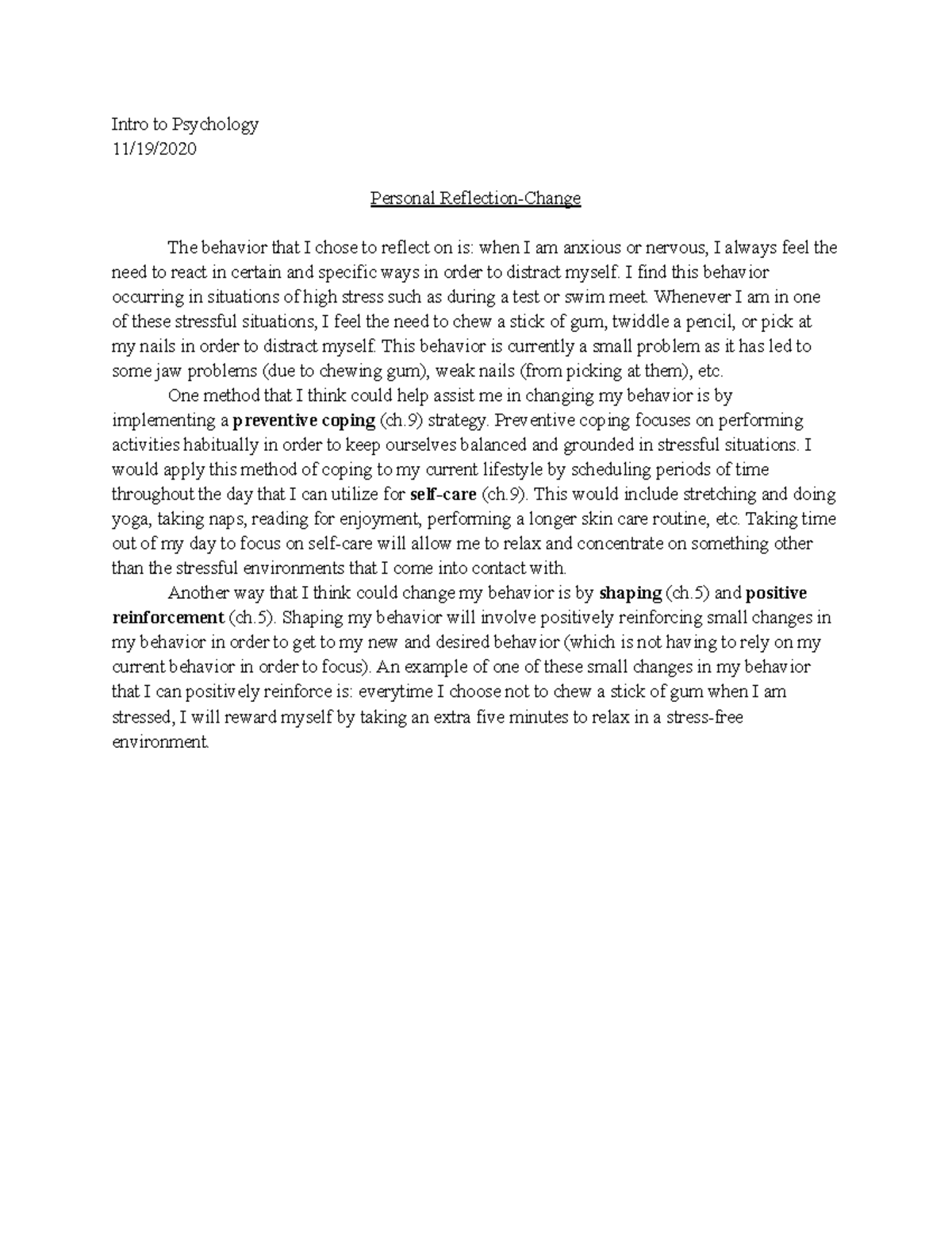 Personal Reflection-Change - Intro to Psychology 11/19/ Personal ...