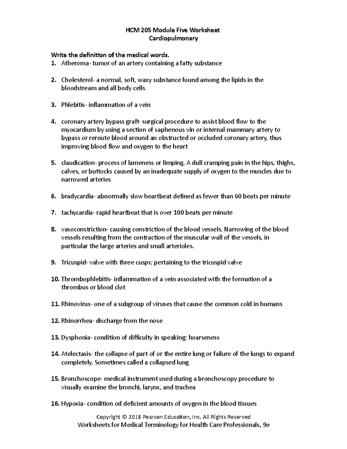 Module Five Worksheet - HCM 205 Module Five Worksheet Cardiopulmonary ...