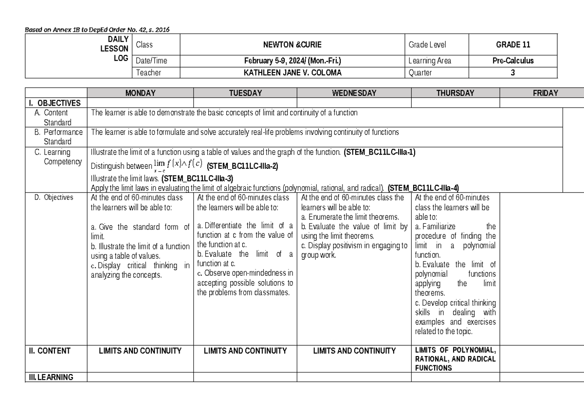Precal Q3 WEEK 1 - DAILY LESSON LOG Class NEWTON &CURIE Grade Level GRADE 11 Date/Time February ...