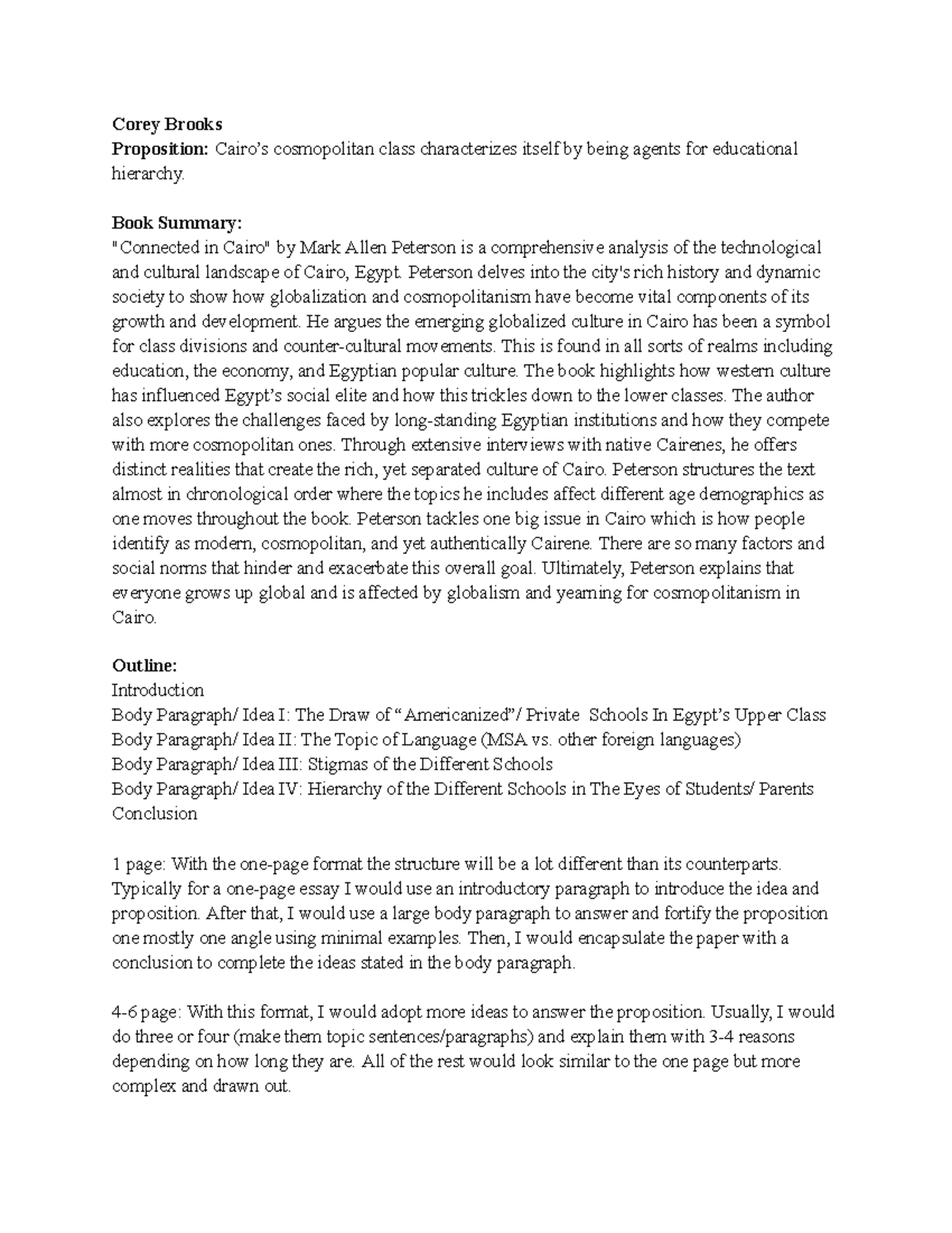 Book Summary and Pre-Outlines - Corey Brooks Proposition: Cairo’s ...