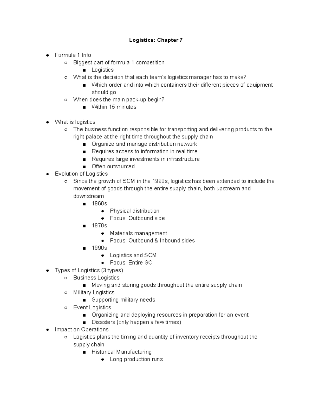 Logistics Chapter 7 Notes - Logistics: Chapter 7 Formula 1 Info Biggest ...
