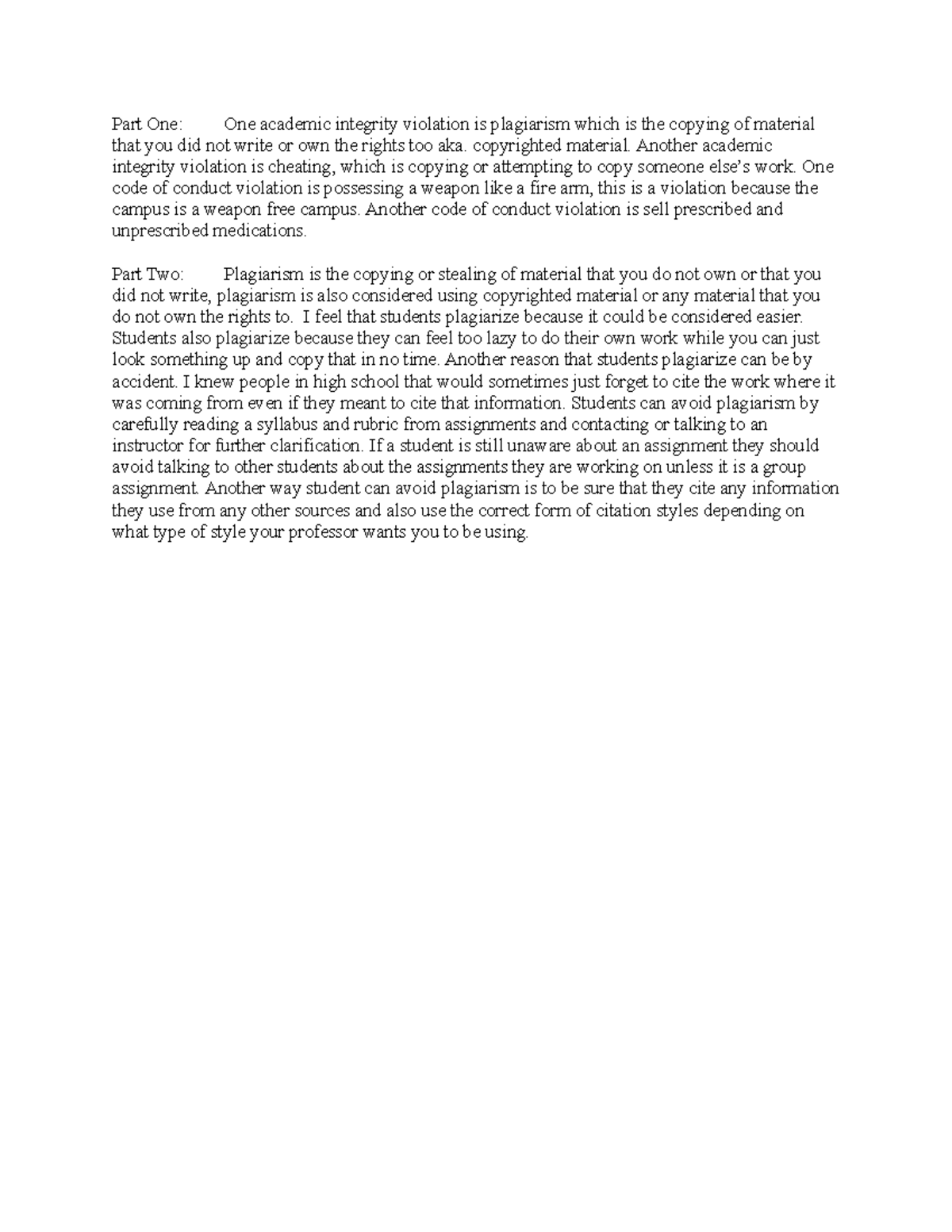 Reflection-Code of Conduct - Part One: One academic integrity violation ...