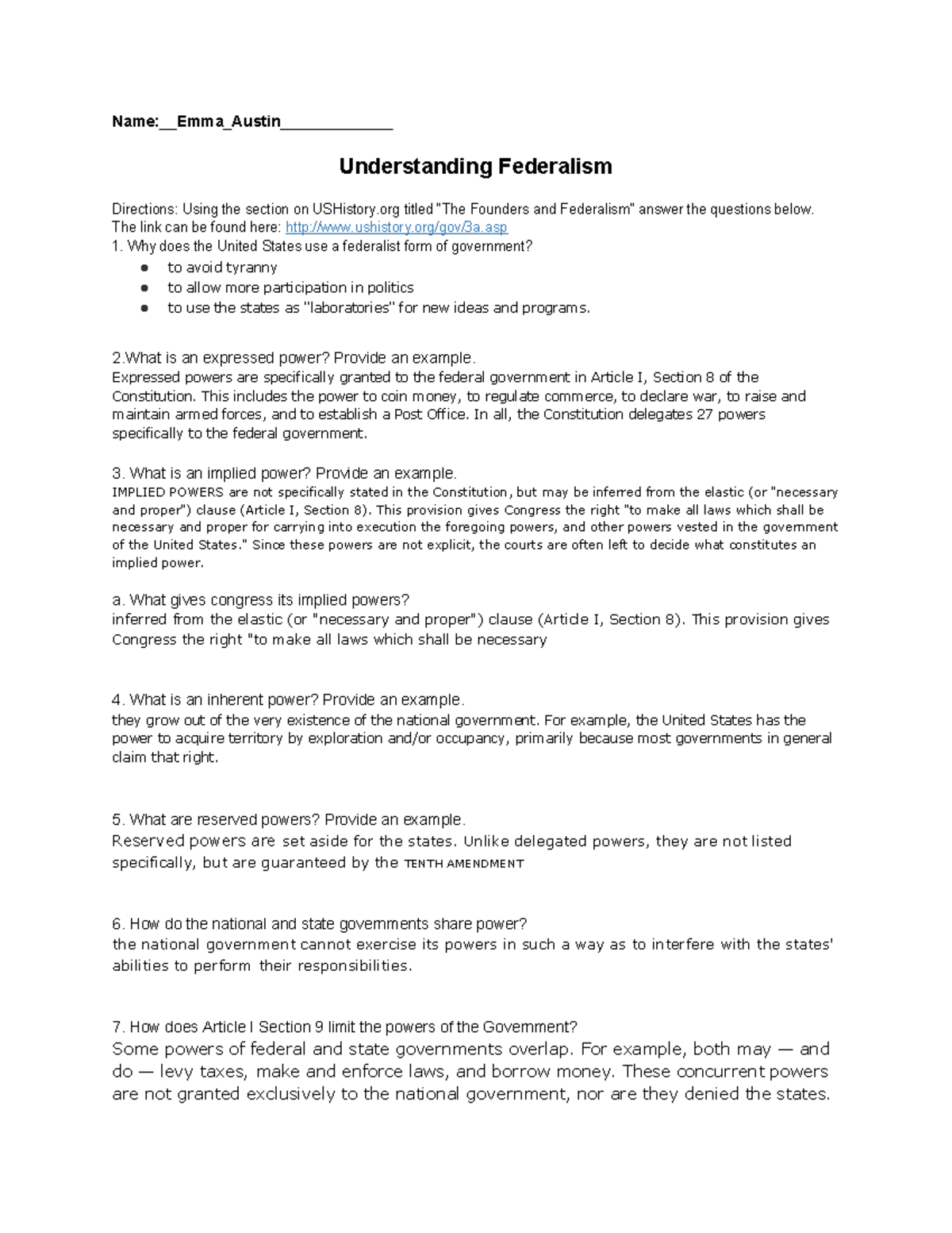 Copy of Understanding Federalism WS - Name:Emma_Austin ...