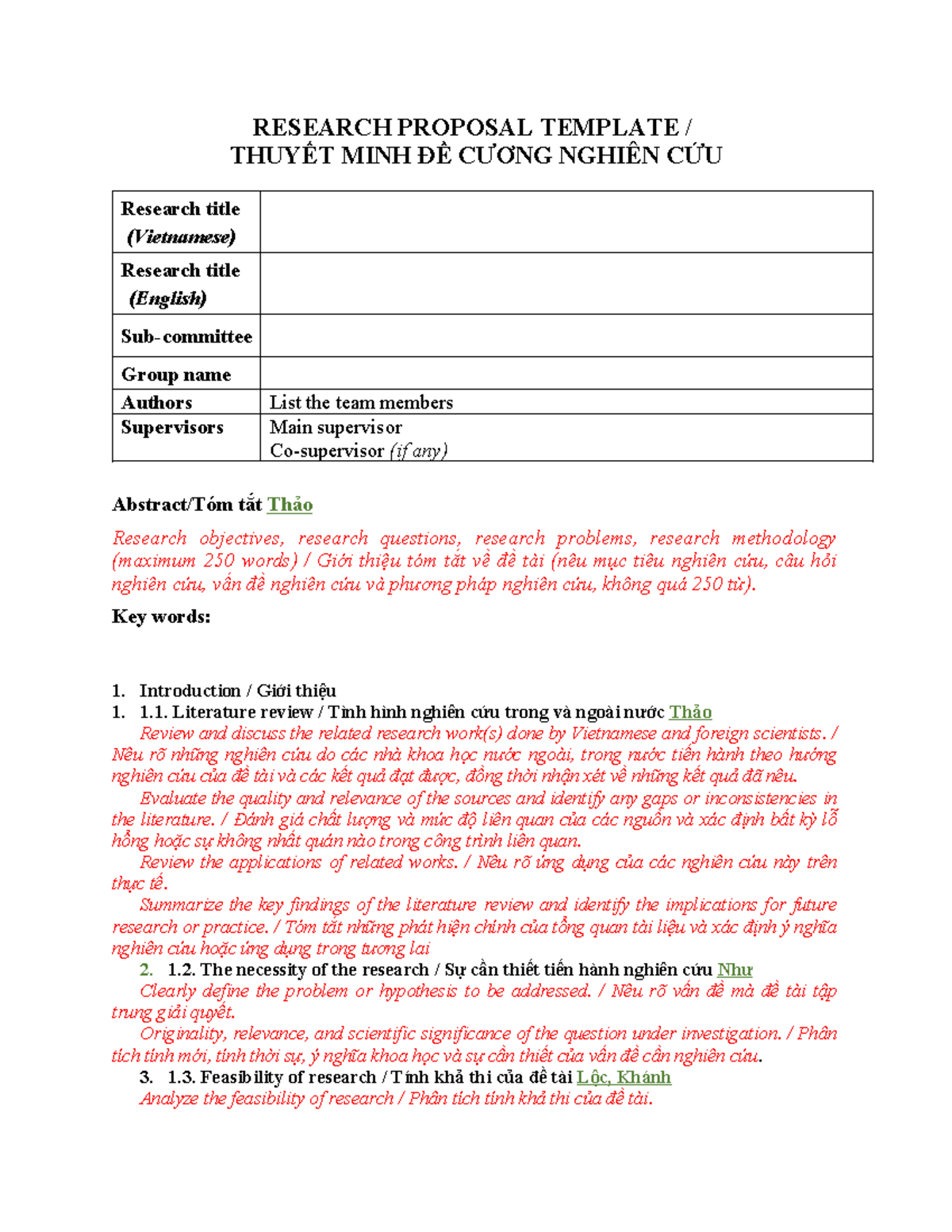 Research Proposal Template - RESEARCH PROPOSAL TEMPLATE / THUYẾT MINH ...