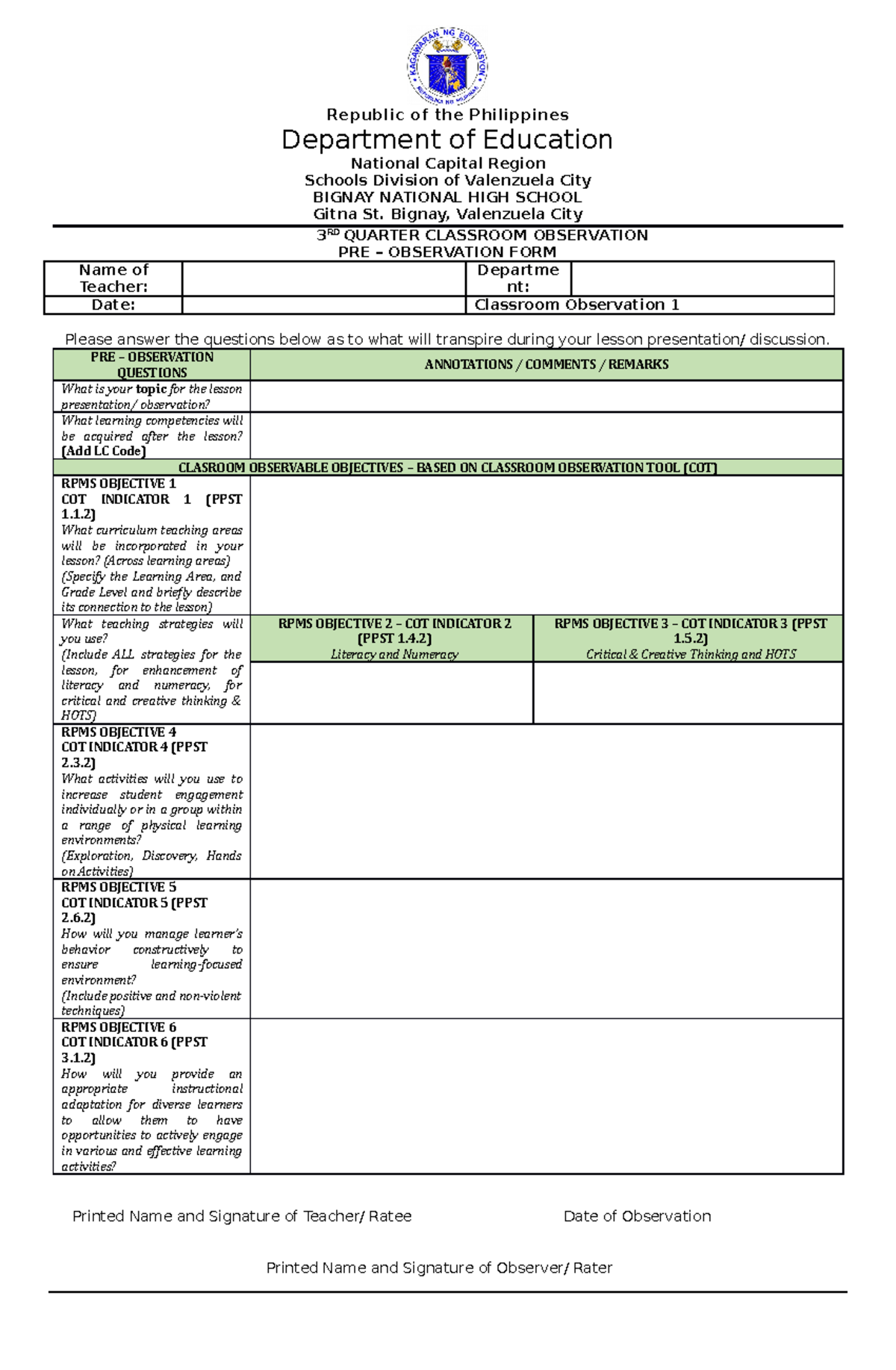 Pre Observation Form 2022 2023 COT 1A - Republic of the Philippines ...