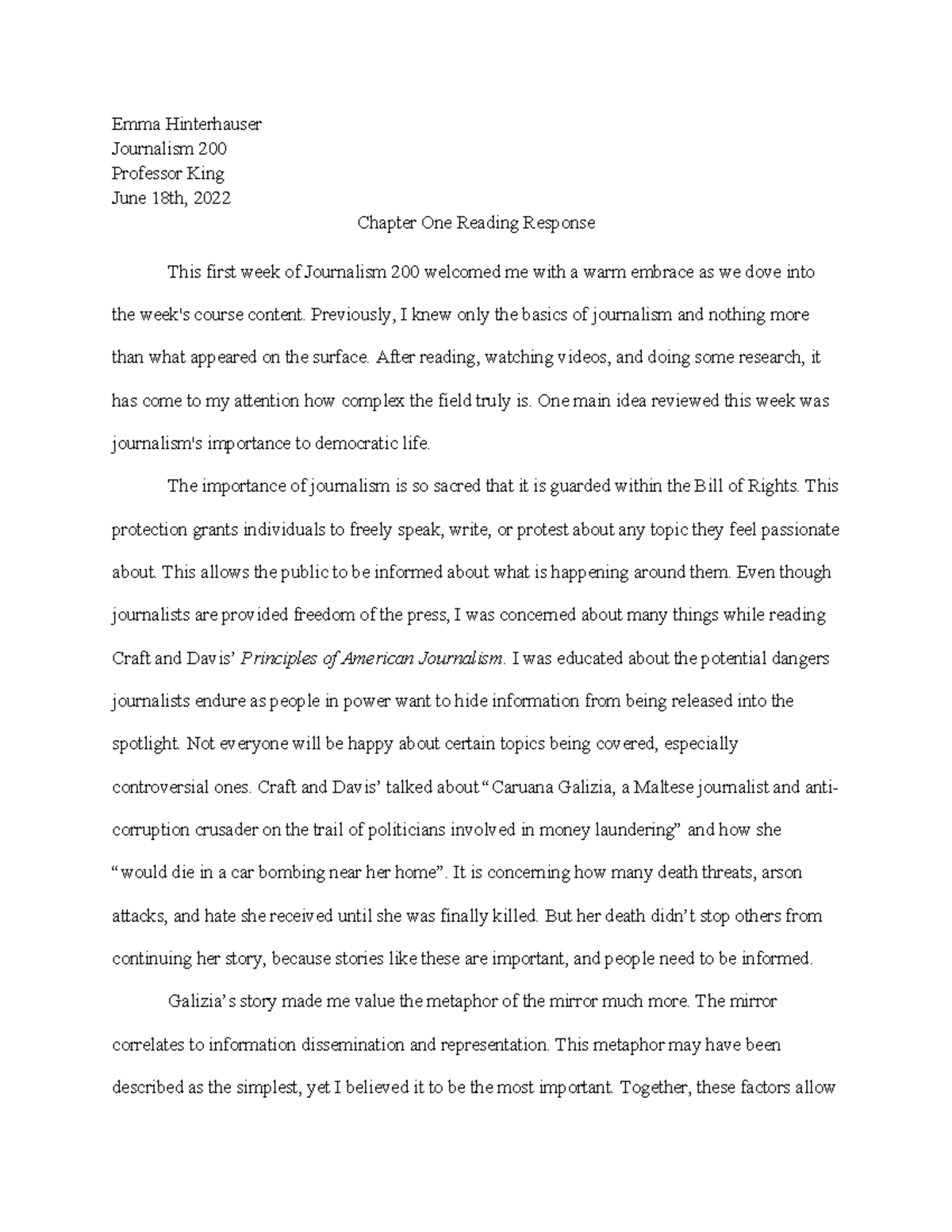 1 Journalism 200 - Essay Response 1 - Emma Hinterhauser Journalism 200 ...
