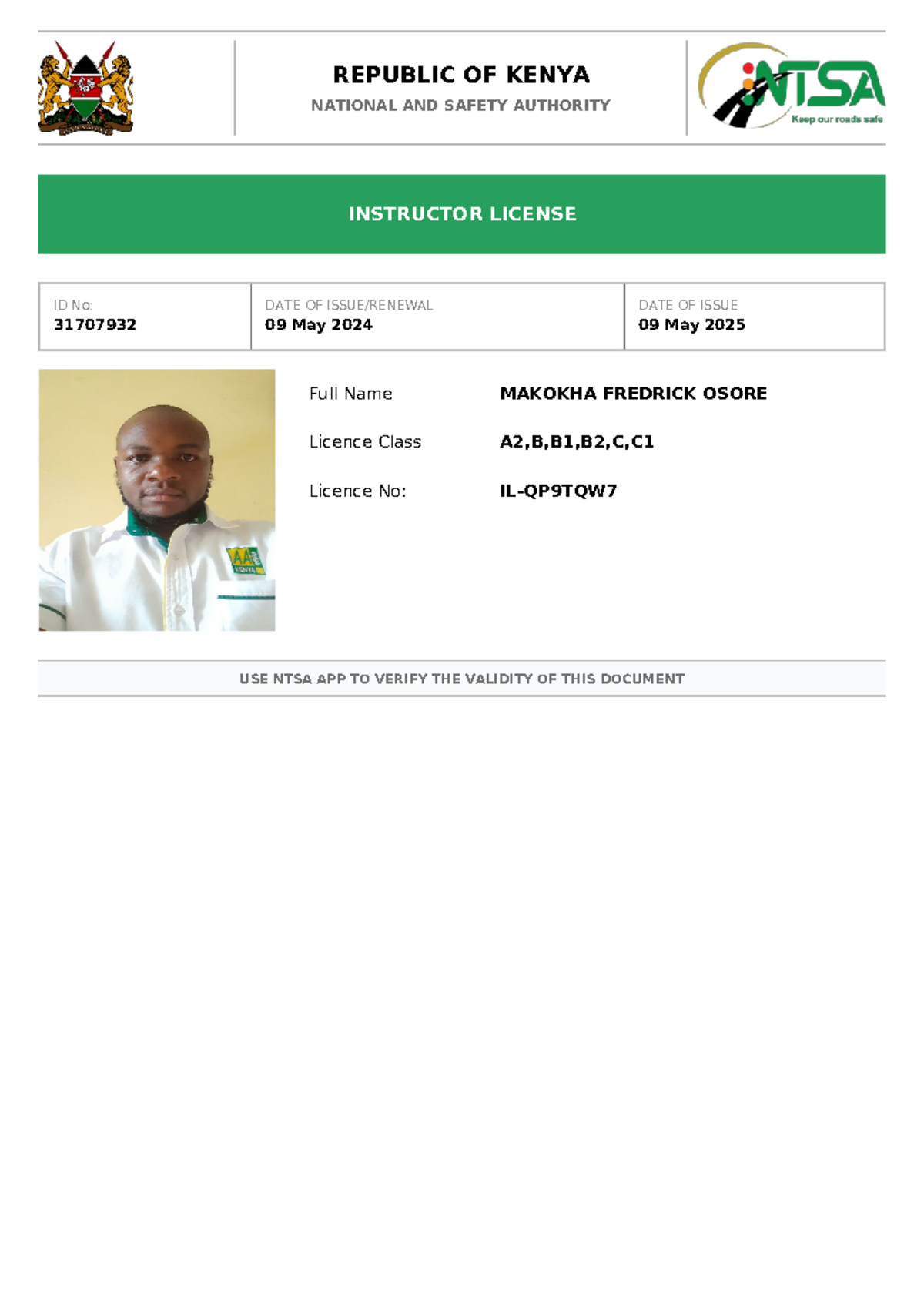 IL-QP9TQW7-Instructor License-1 - REPUBLIC OF KENYA NATIONAL AND SAFETY ...