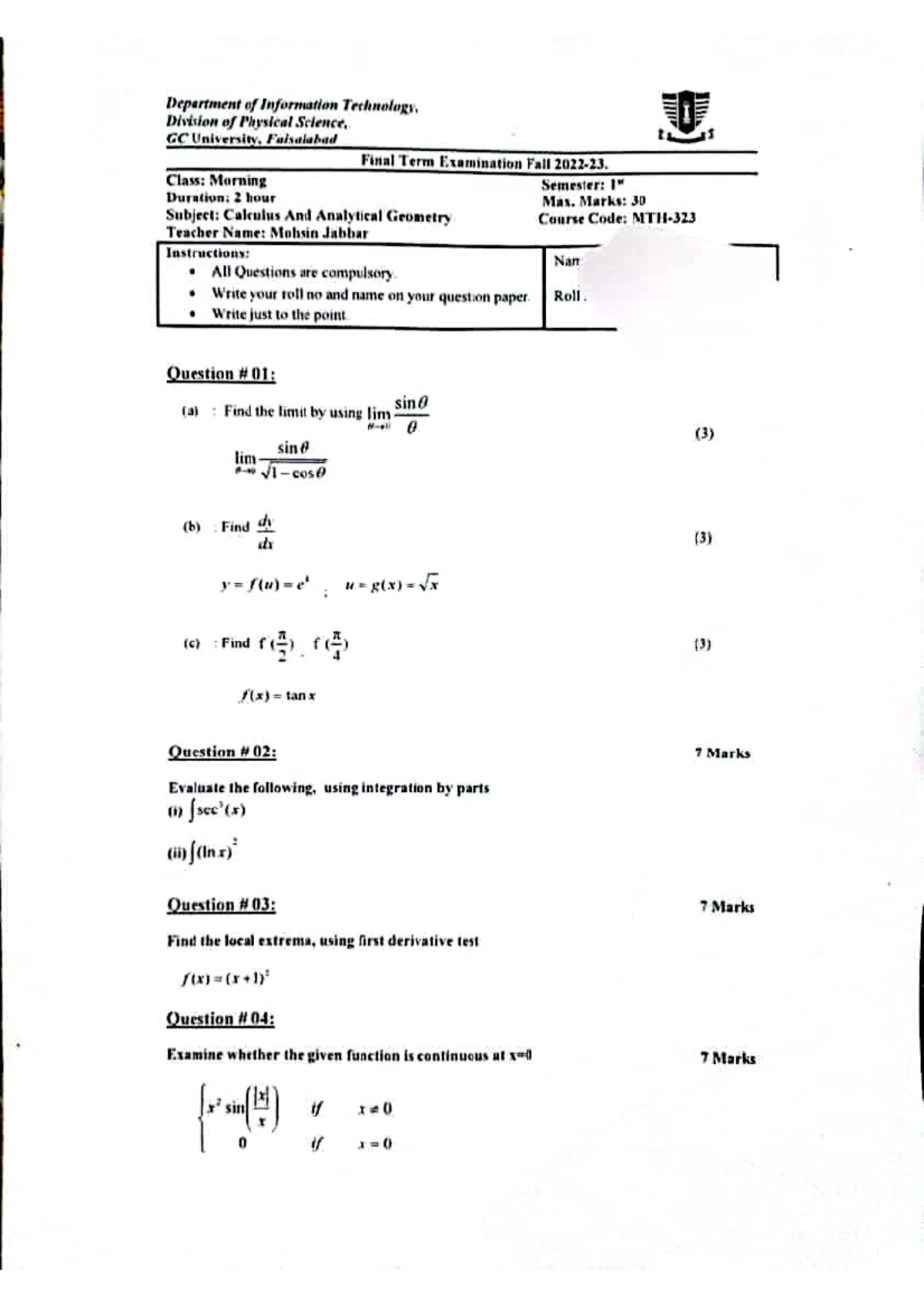 Math past paper part - Department of Information Technology. Division ...