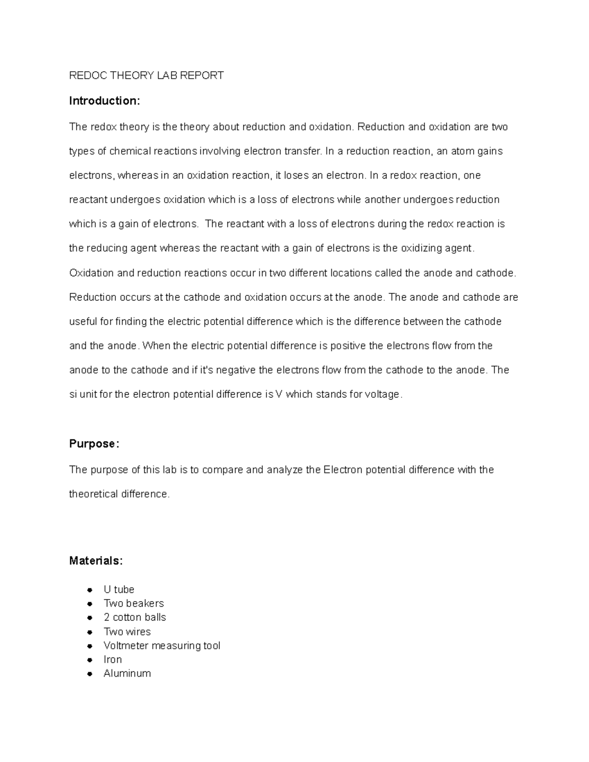 Redox Theory Lab Report - REDOC THEORY LAB REPORT Introduction: The ...