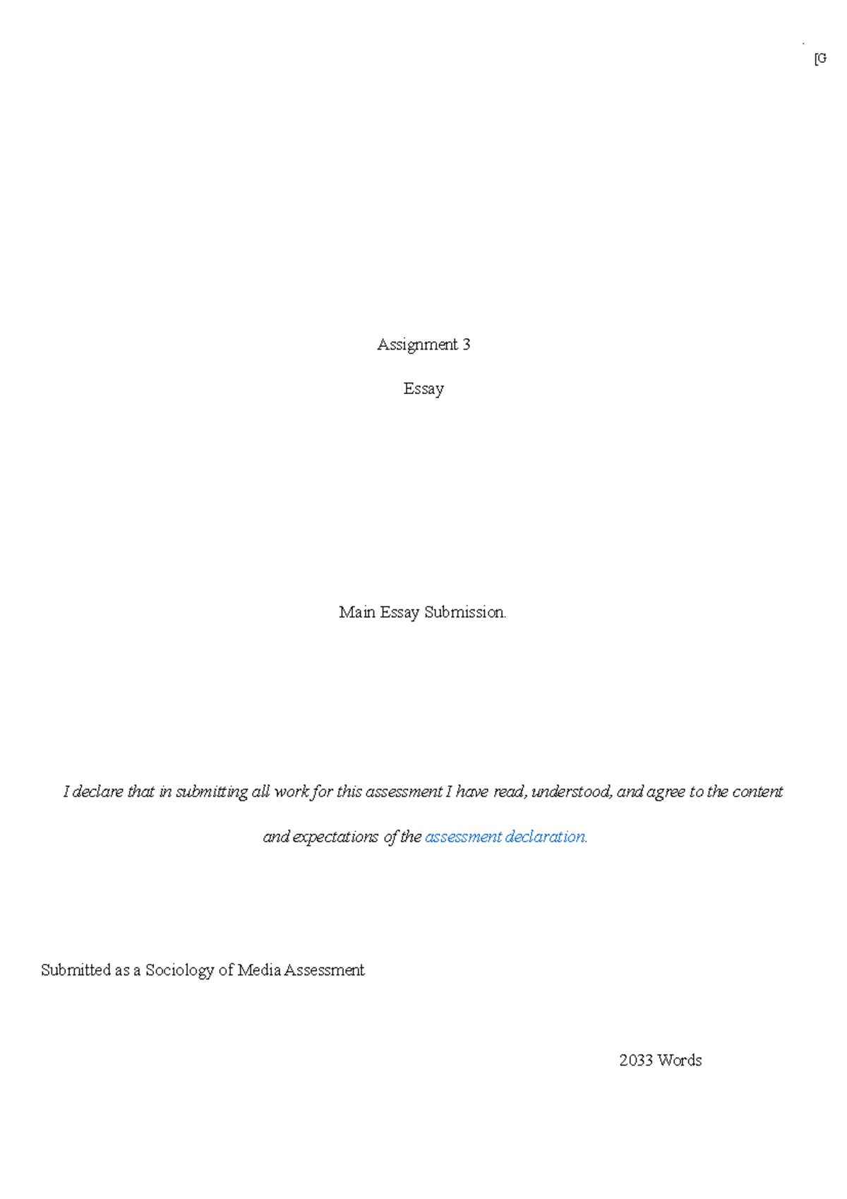 SOCX279 Essay - 1 Assignment 3 Essay Main Essay Submission. I declare ...