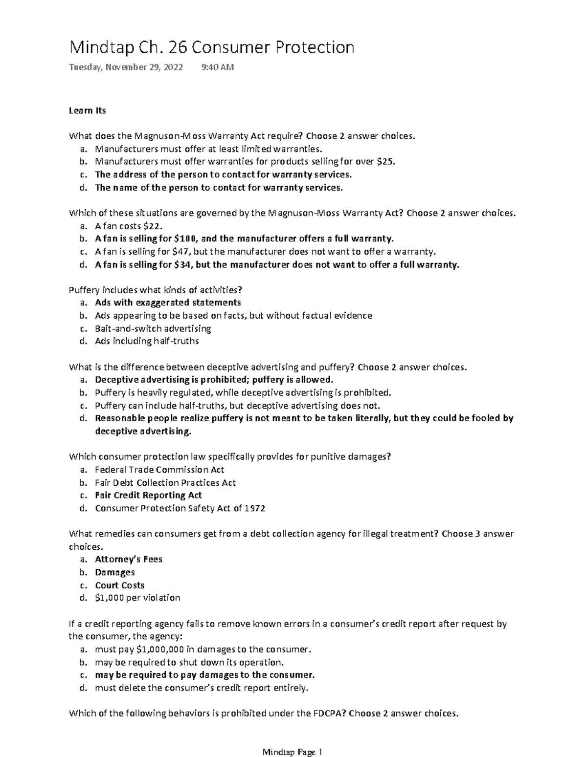 Mindtap Ch. 26 Consumer Protection - Learn Its What does the Magnuson ...