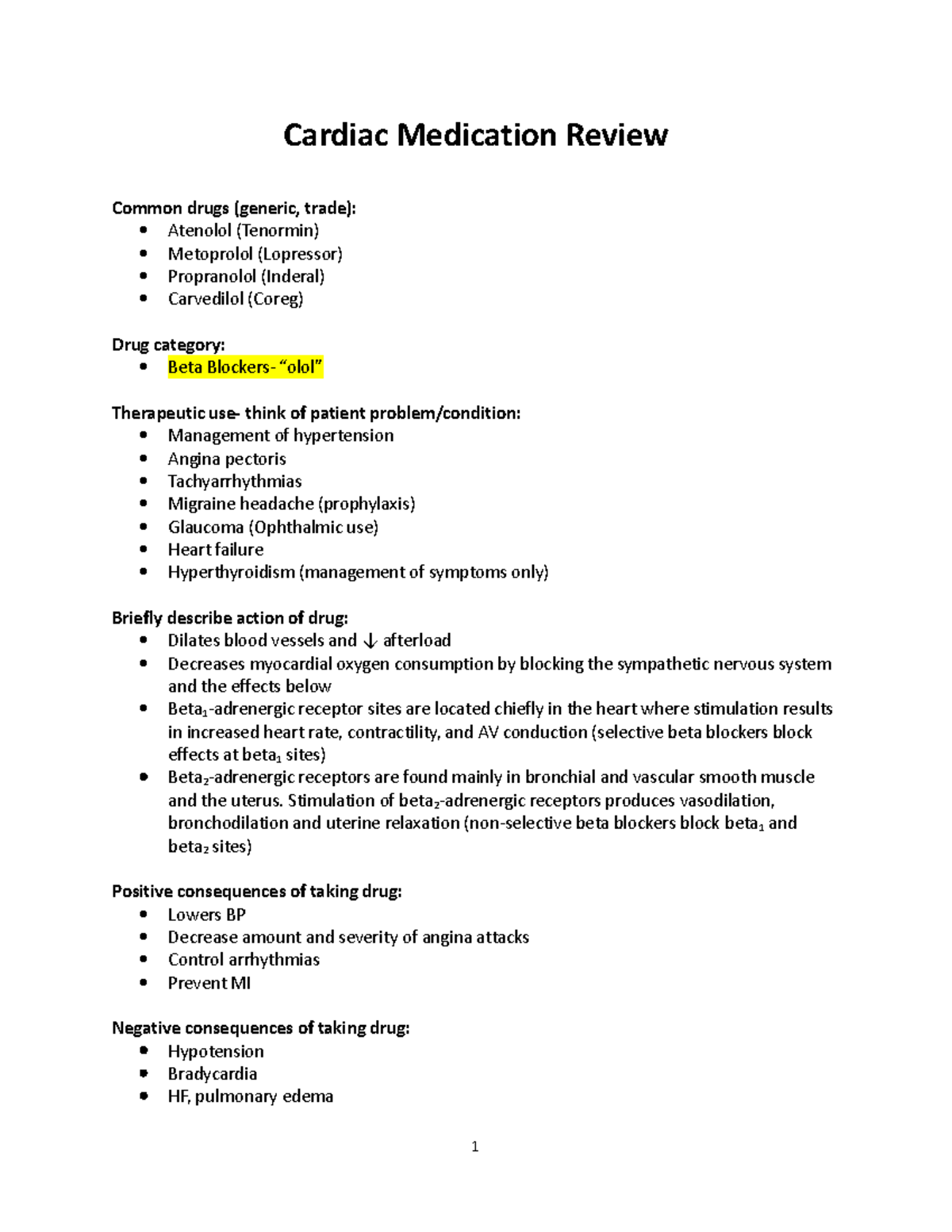 Cardiac Medications Summary - Cardiac Medication Review Common drugs ...