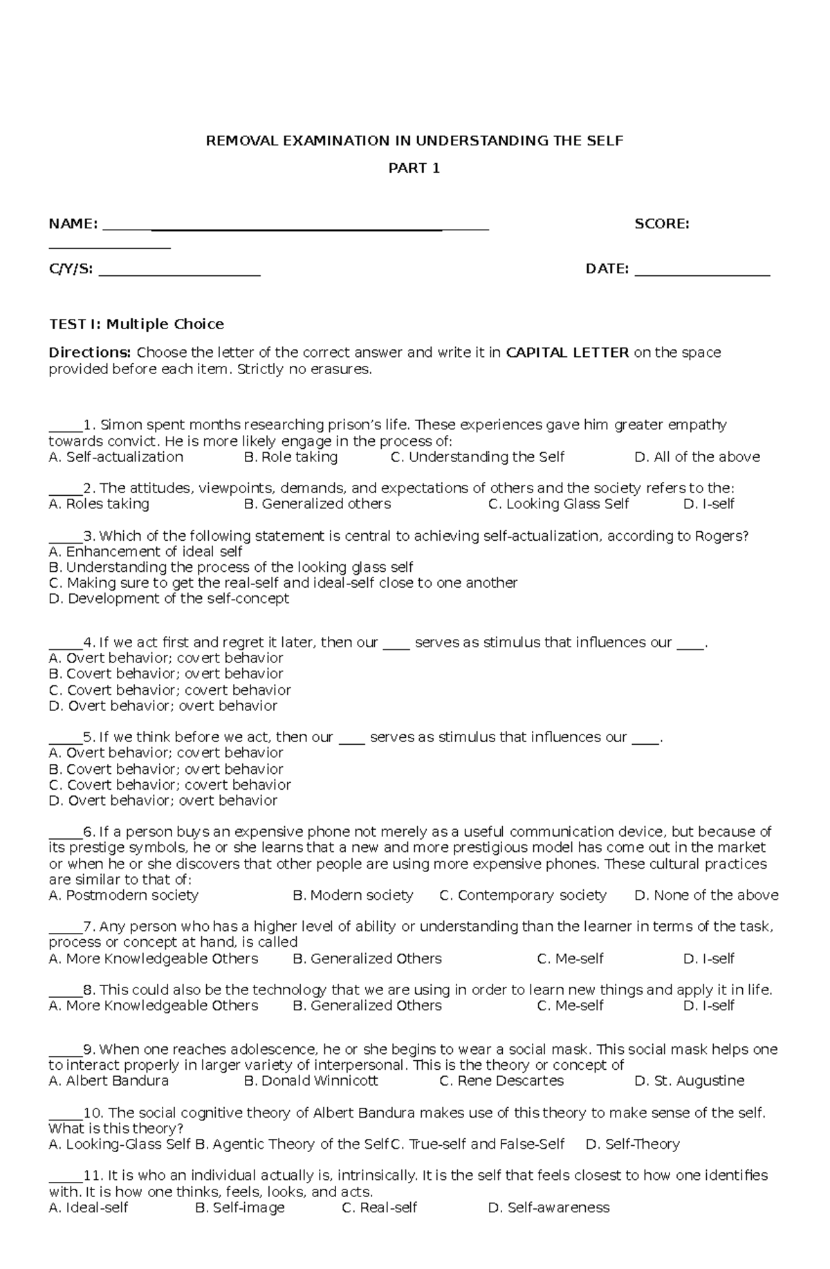 Removal EXAM IN UTS - REMOVAL EXAMINATION IN UNDERSTANDING THE SELF ...