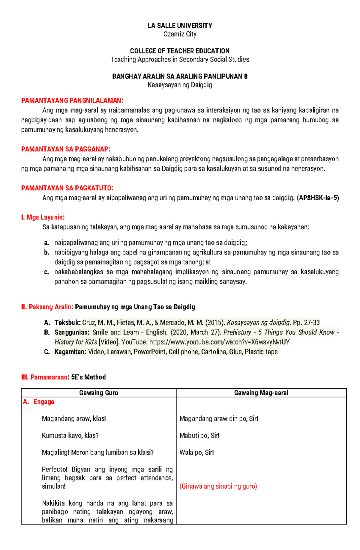 Lesson PLAN 5E'S Method ( Revised) - LA SALLE UNIVERSITY Ozamiz City ...