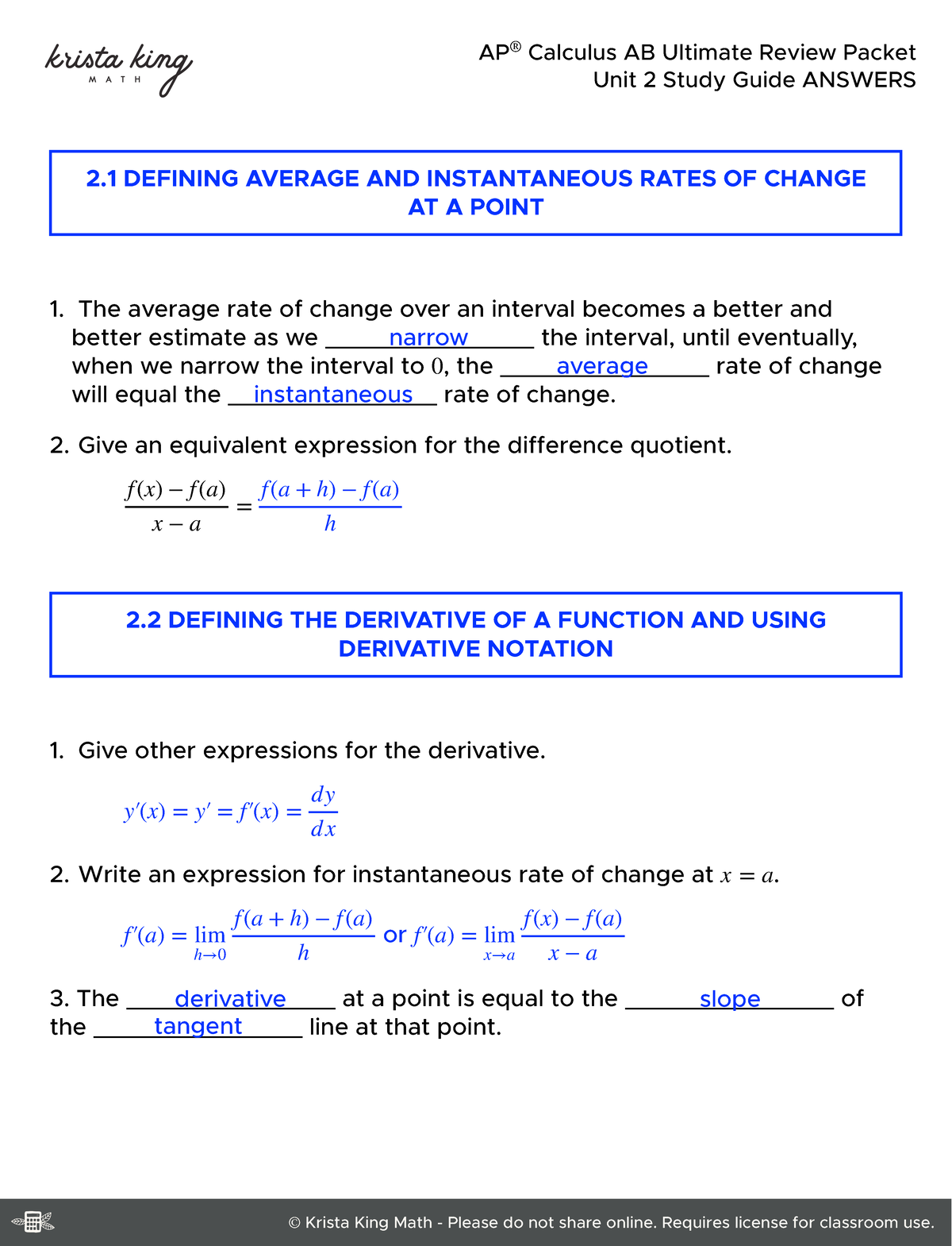 Unit 2 Study Guide - 2 DEFINING AVERAGE AND INSTANTANEOUS RATES OF ...