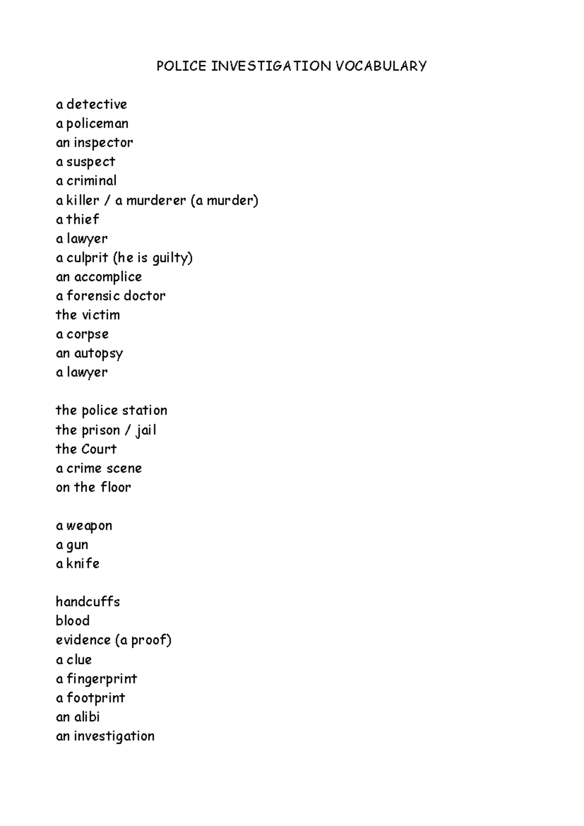 Police investigation vocabulary - Anglais - POLICE INVESTIGATION ...