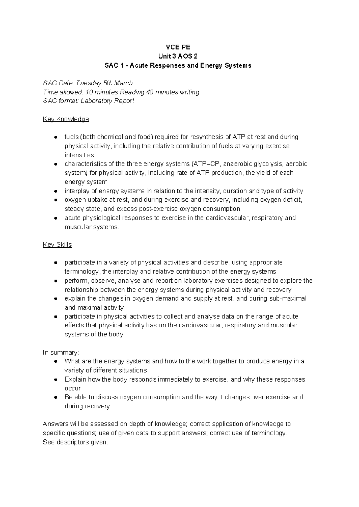 Unit 3 AOS 2 Preparation Sheet - VCE PE Unit 3 AOS 2 SAC 1 - Acute ...