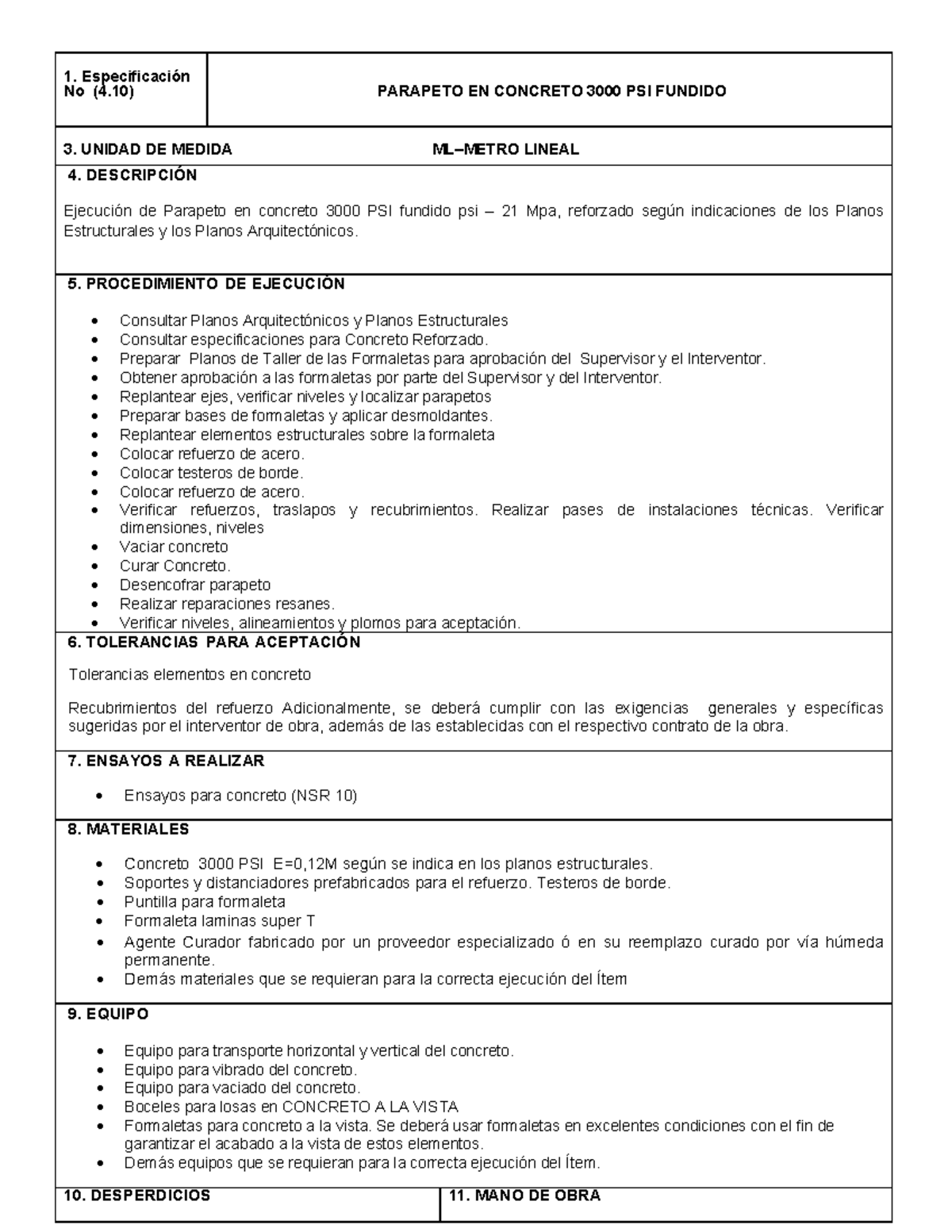 4.10 Parapeto EN Concreto 3000 PSI Fundido - 1. Especificación No (4 ...
