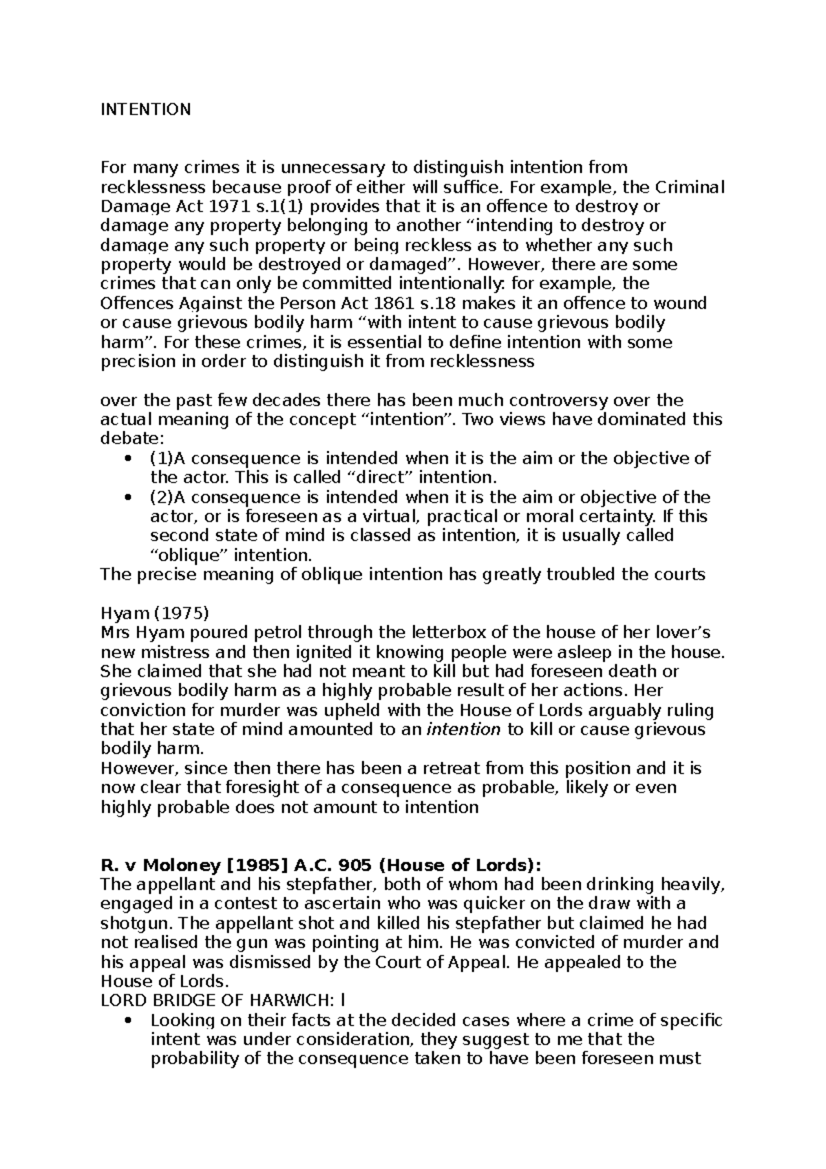 Notes about Intention in criminal law - INTENTION For many crimes it is ...