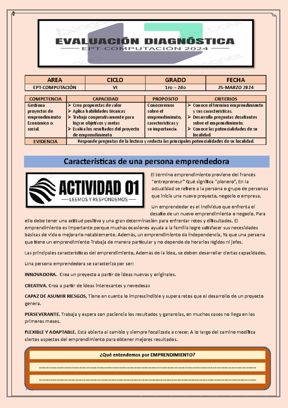 EVAL- Diagnostica EPT- Computacion C-VI - pág. 1 AREA CICLO GRADO FECHA EPT-COMPUTACIÓN VI 1ro ...