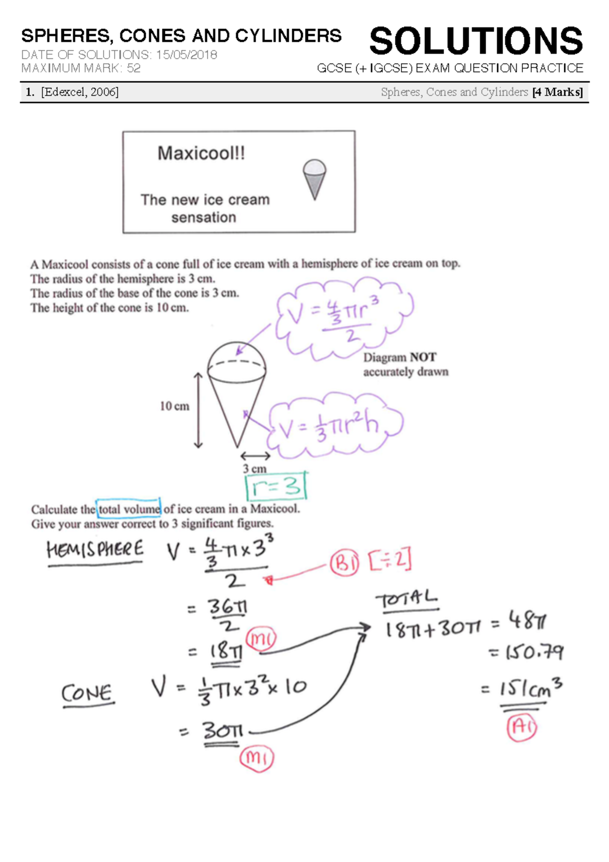 Spheres cones and cylinders 2 gcse 9 1 practice questions 30280 - SOLUTIONS SPHERES, CONES AND ...