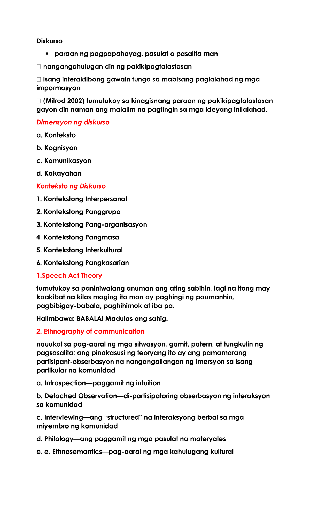Diskurso Lecture Notes 1 Diskurso Paraan Ng Pagpapahayag Pasulat O 