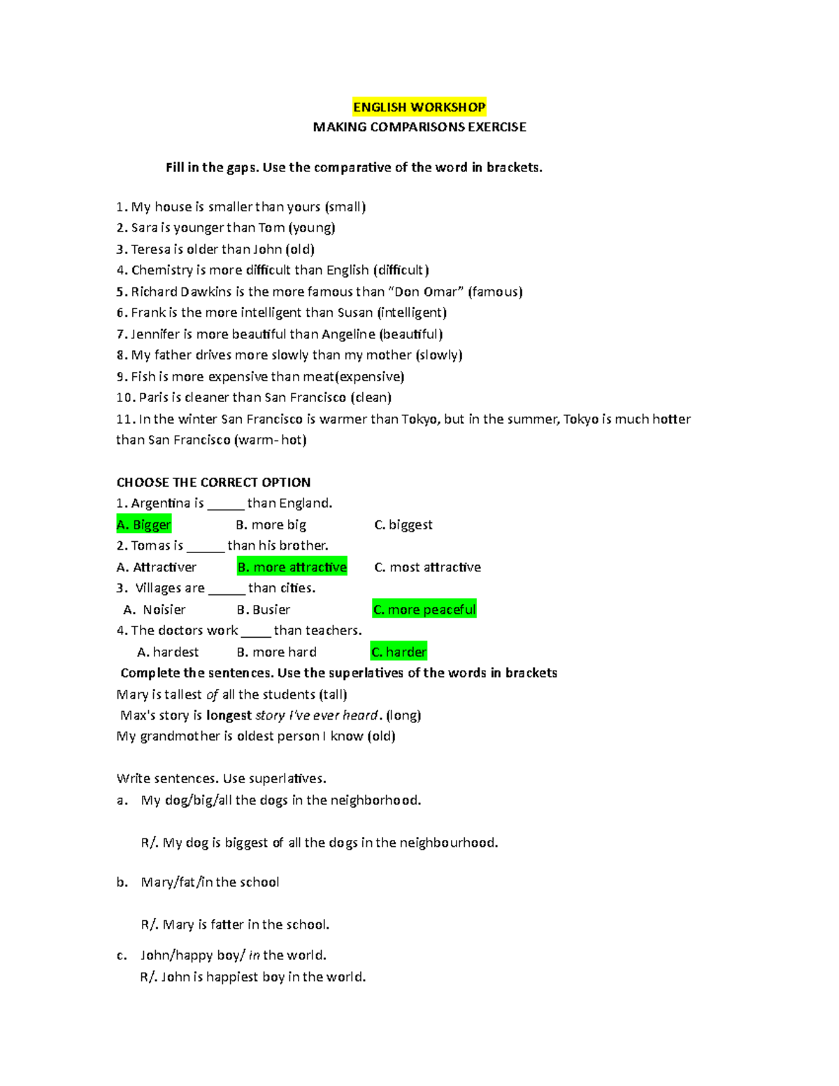 3-Making Comparisons exercise - ENGLISH WORKSHOP MAKING COMPARISONS ...