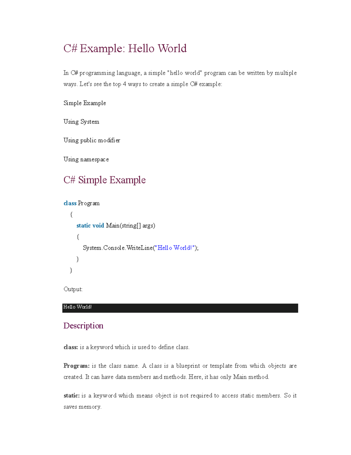 Csharp Programming C Example Hello World In C Programming Language