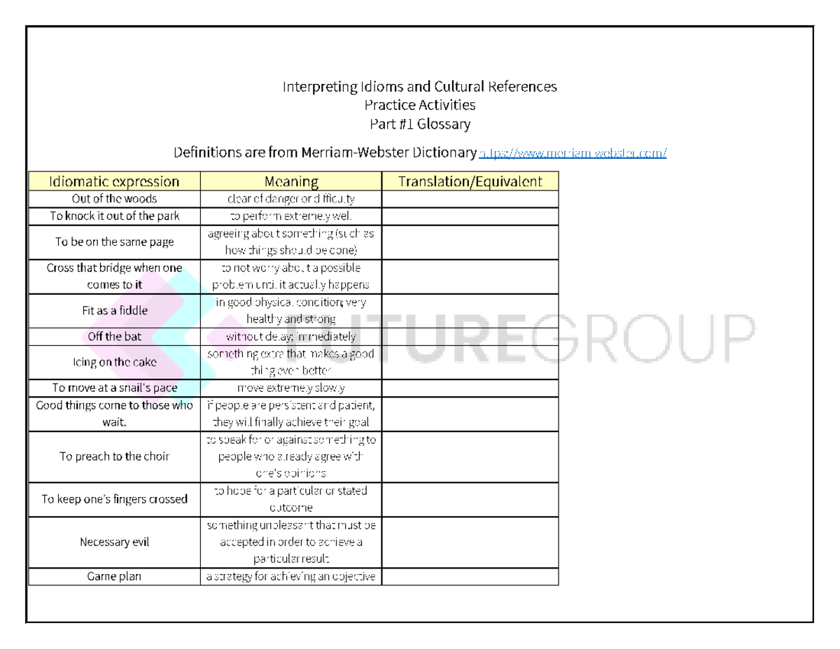 Idioms Glossary - APUNTES DE MODISMOS - español - Studocu