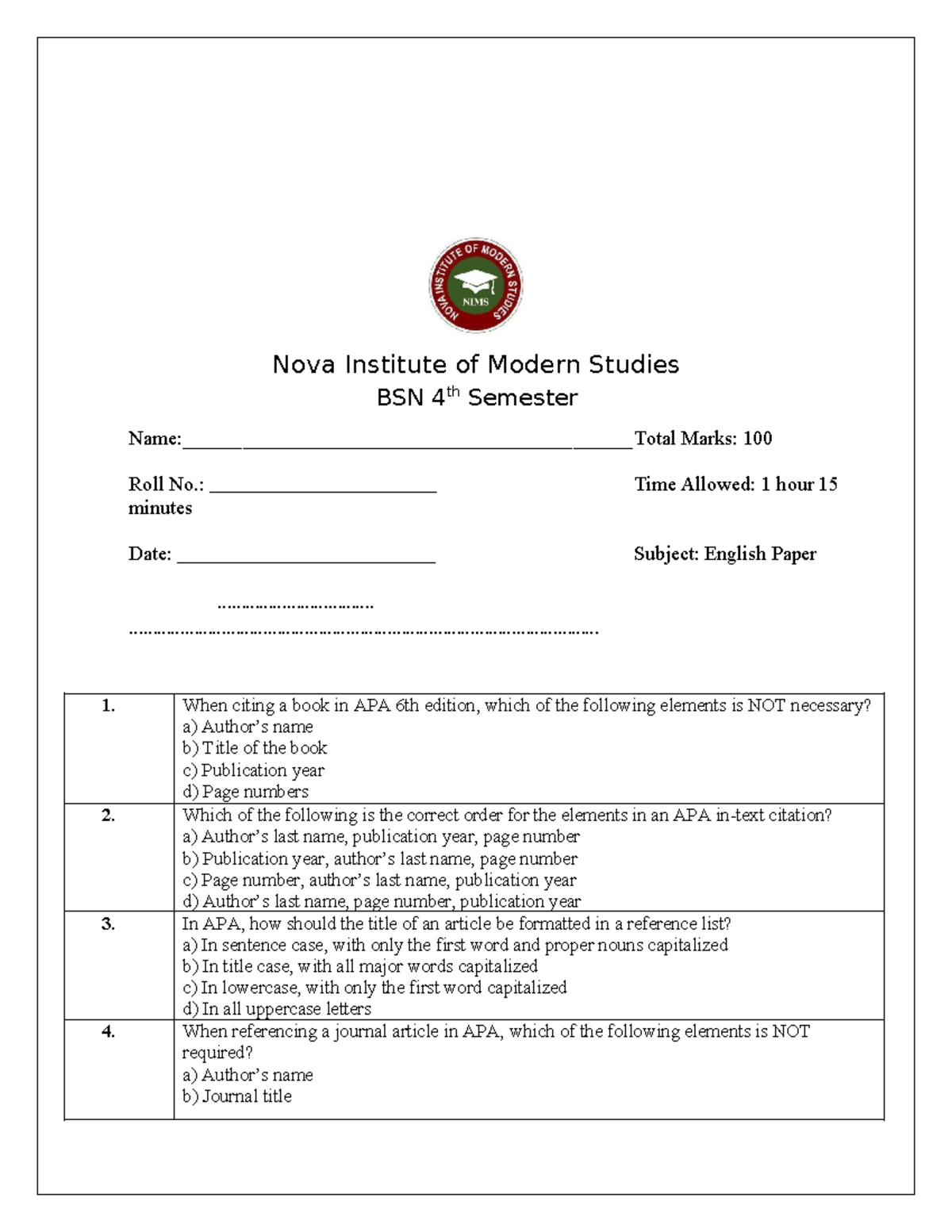 English BSN IV Final Paper for uni - Nova Institute of Modern Studies ...