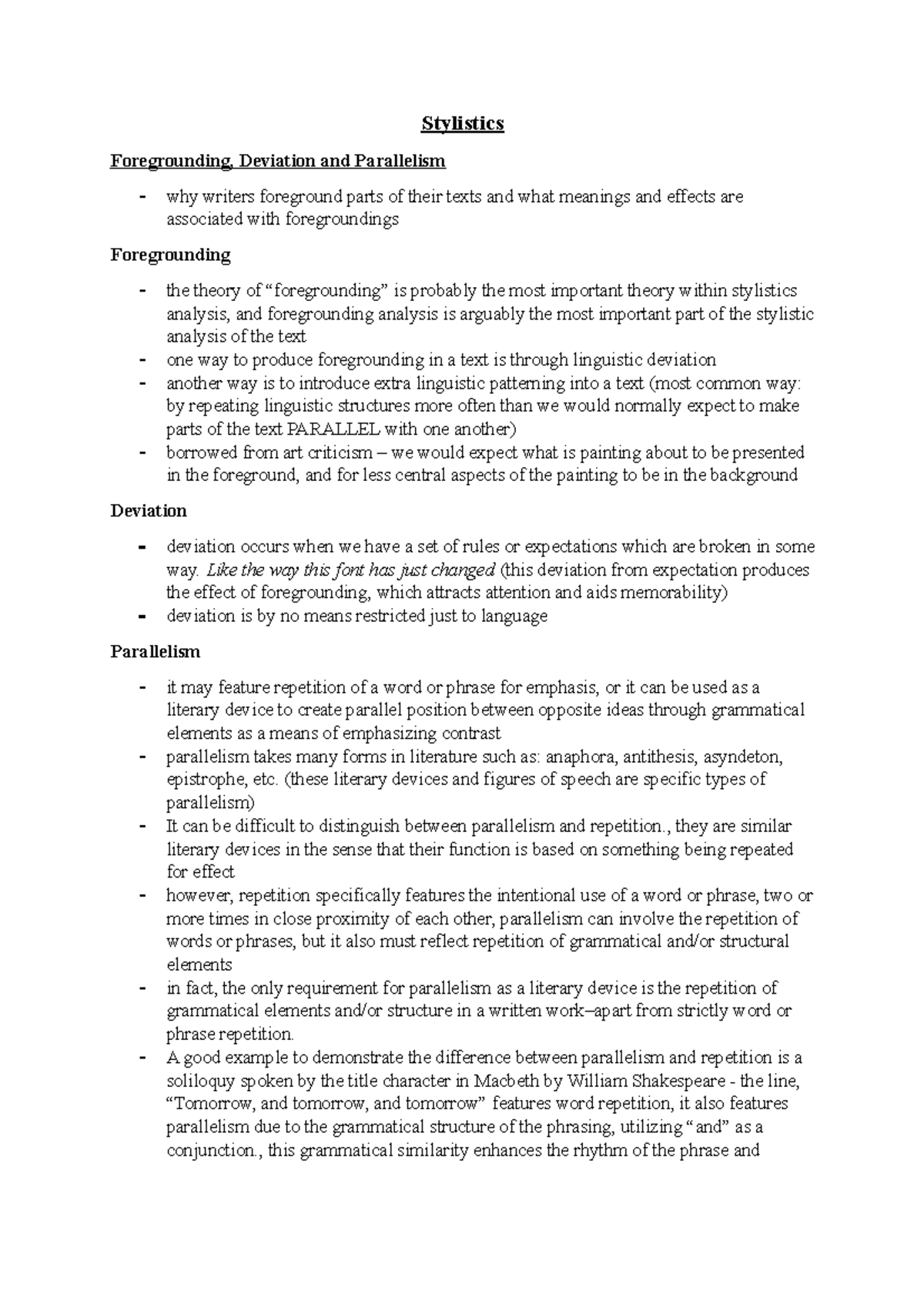Stylistics - Notes - Stylistics Foregrounding, Deviation and ...