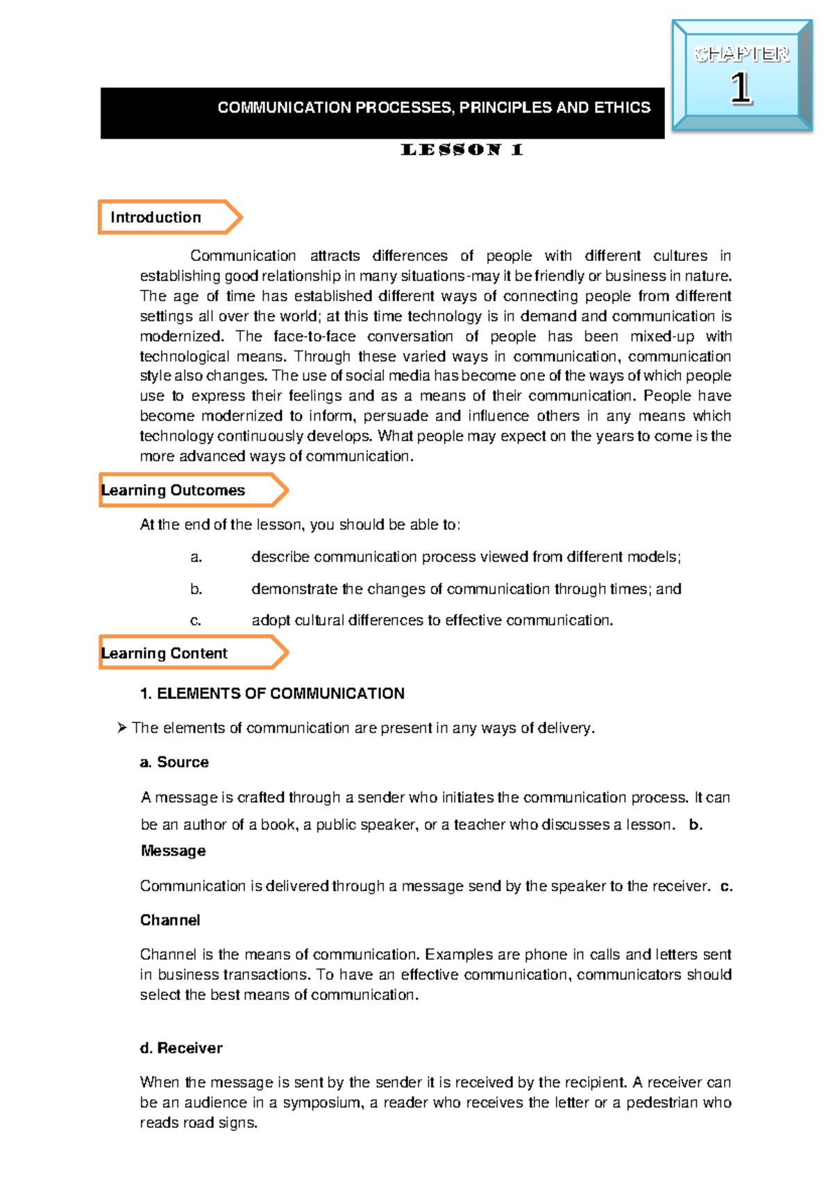 01 GEC4. Module 1 - Fundamentals of Communication - COMMUNICATION PROCESSES, PRINCIPLES AND ...