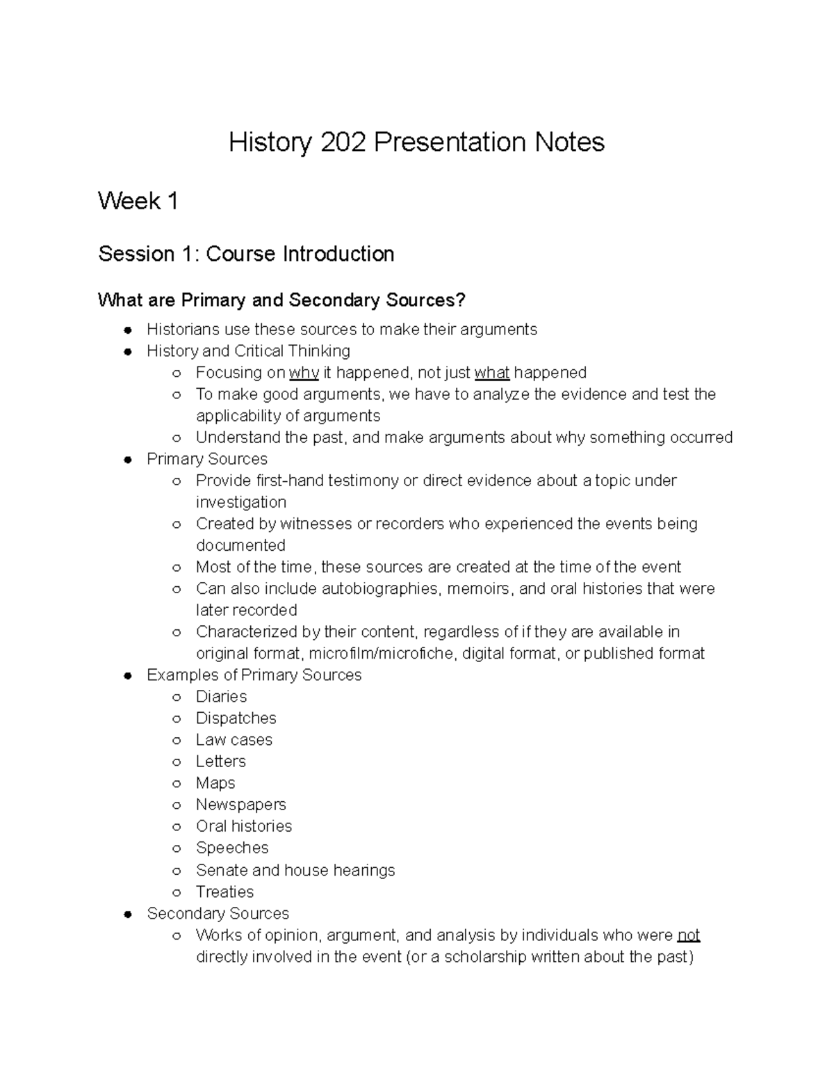 History 202 Presentation Notes - History 202 Presentation Notes Week 1 ...