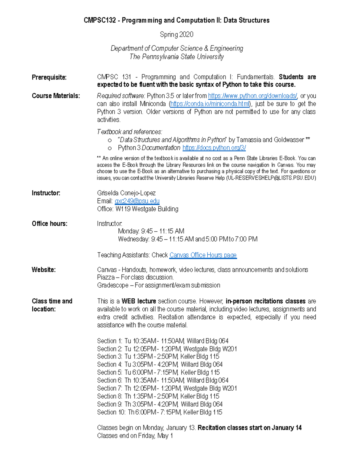 Cmpsc 132 Syllabus - Spring 2020 - CMPSC132 - Programming and Computation II: Data Structures ...