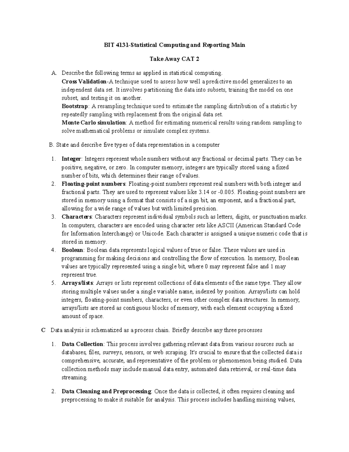 BIT 4131.docx.CAT 2 - Best - BIT 4131-Statistical Computing and ...