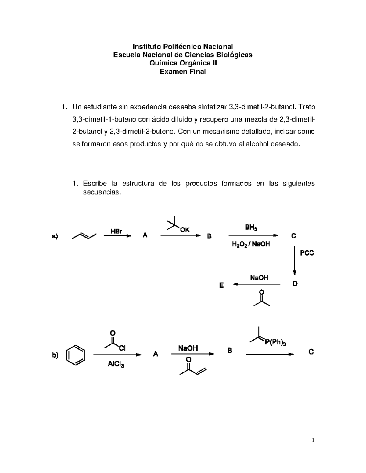 Examen Final QOII - Instituto Politécnico Nacional Escuela Nacional de ...