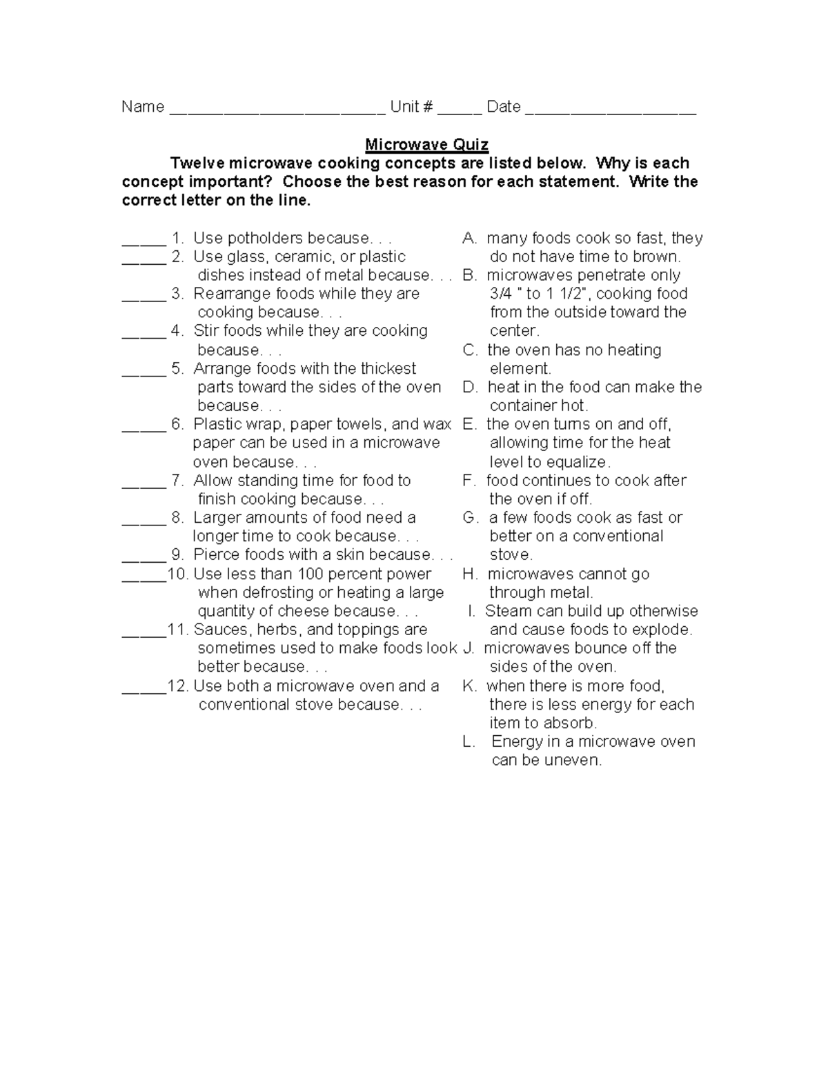 Microwave Quiz - fdhu - Name ________________________ Unit # _____ Date