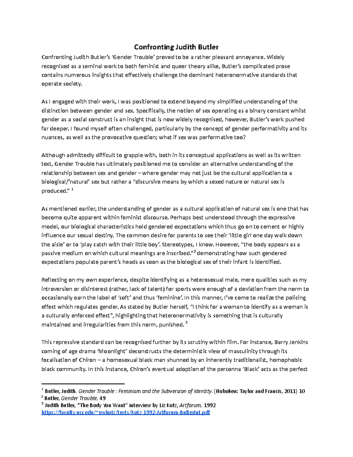 Example Reflection on Butler - Confronting Judith Butler Confronting ...