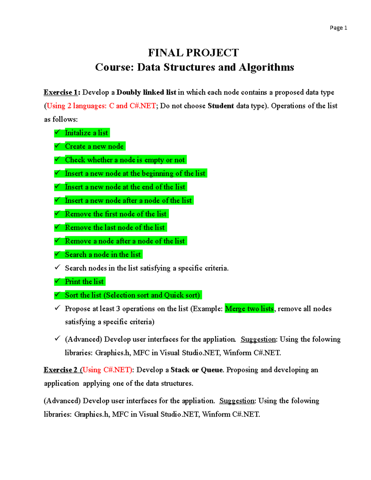 Final project 2022 - Page 1 FINAL PROJECT Course: Data Structures and Algorithms Exercise 1 ...