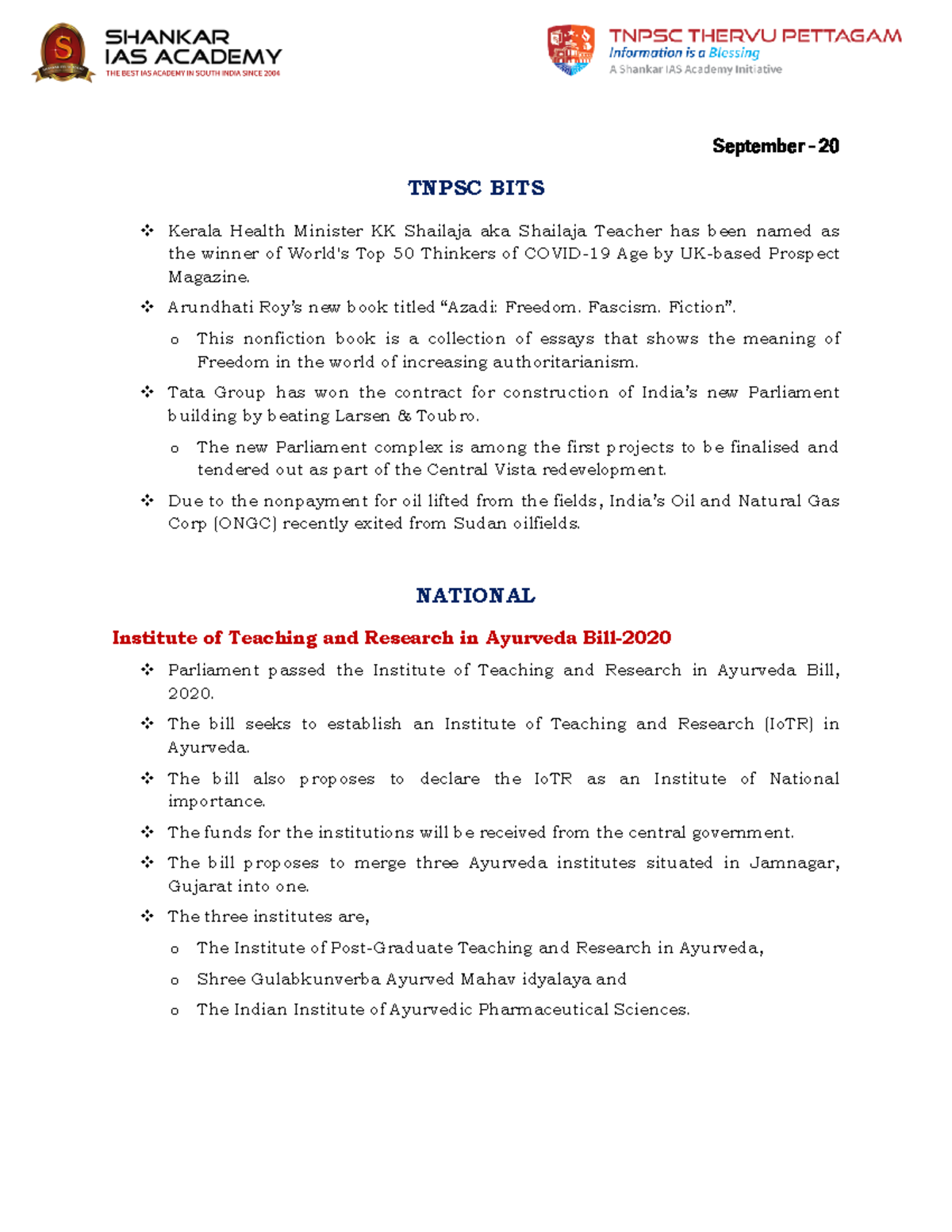 Sep 20 - English [Current Afairs for the month September-2020 ...