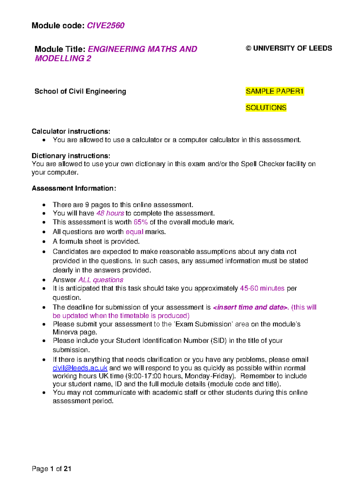 Sample paper 1 f solutions - Page 1 of 21 Module Title: ENGINEERING ...