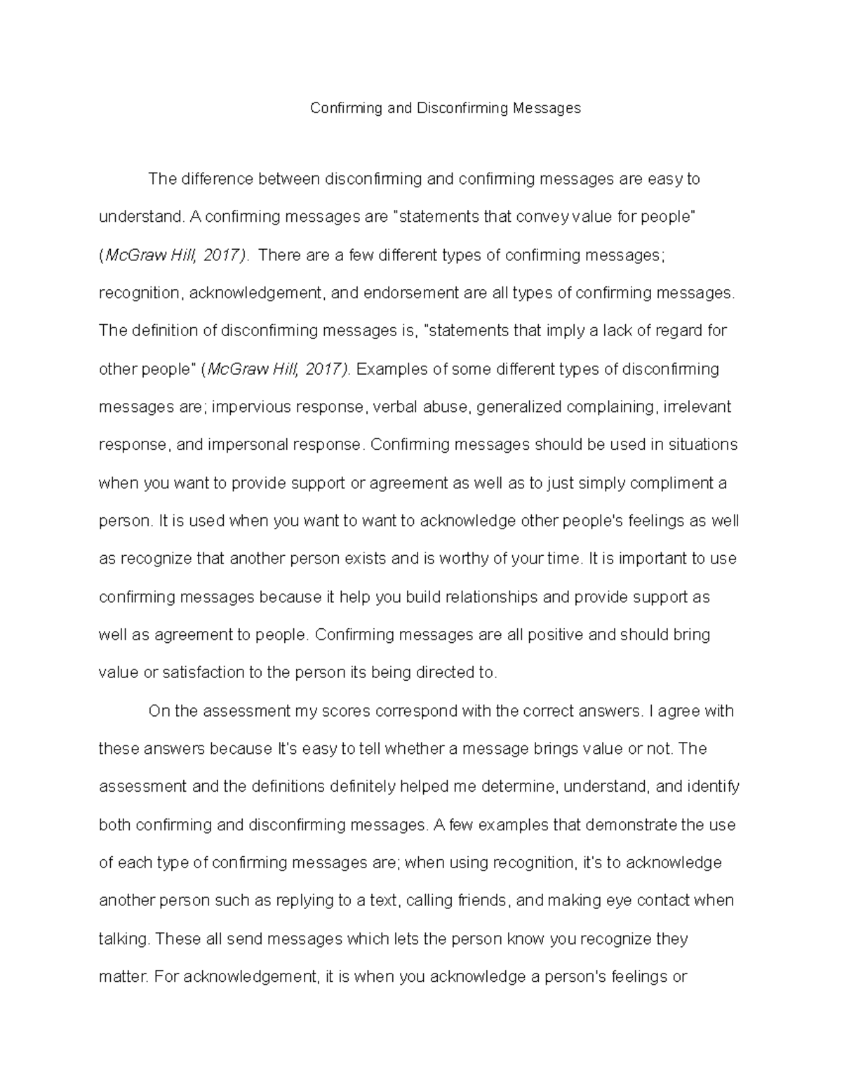 Writing Report 3 - Confirming and Disconfirming Messages - Confirming ...
