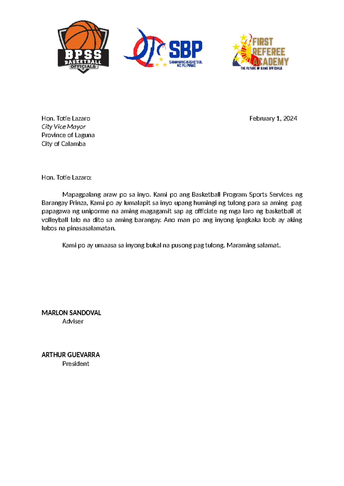 Solicitation - Hon. Totie Lazaro February 1, 2024 City Vice Mayor ...