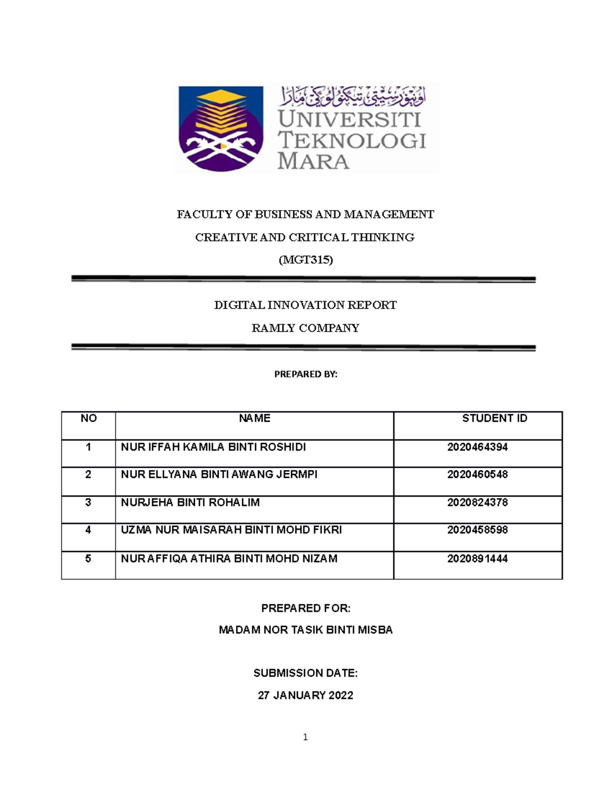 Innovation Group 1 ( Written Report) - FACULTY OF BUSINESS AND ...