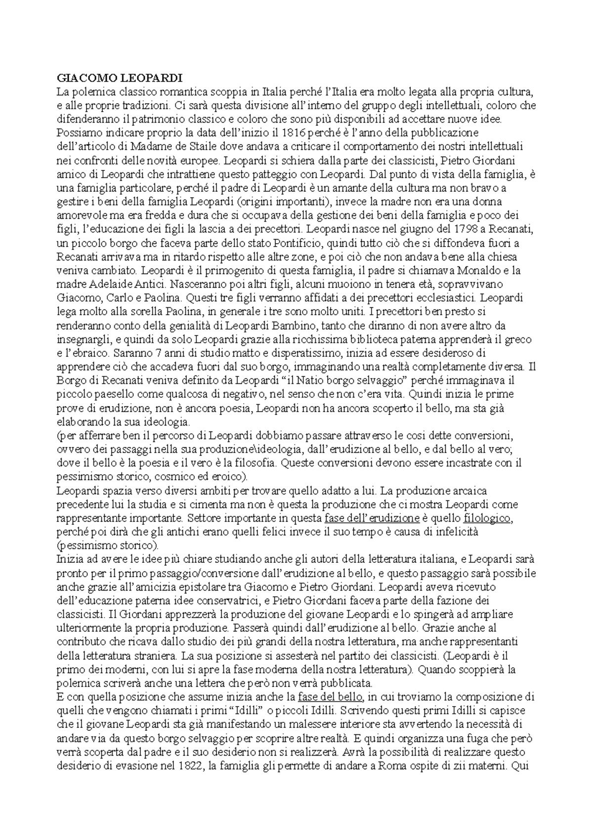 Leopardi - GIACOMO LEOPARDI La polemica classico romantica scoppia in ...
