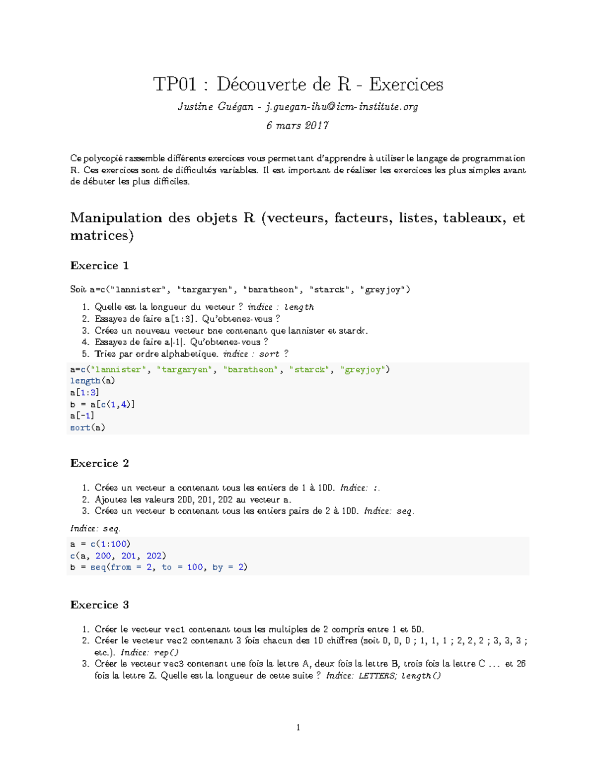 TP1 exercices correction important - TP01 : Découverte de R - Exercices Justine Guégan - - Studocu